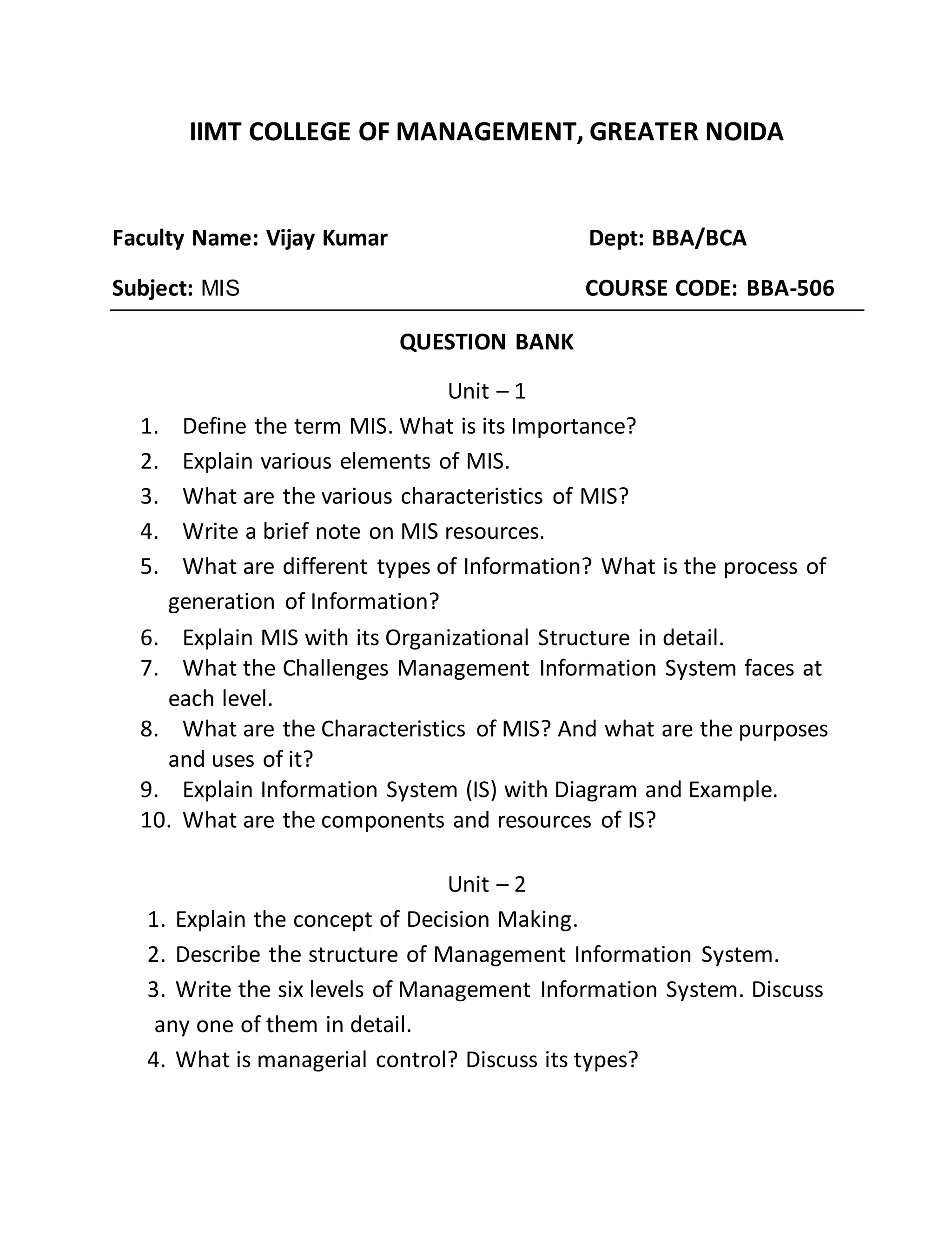 Mis course bba 601 assignments & question bank unit wise | DOC