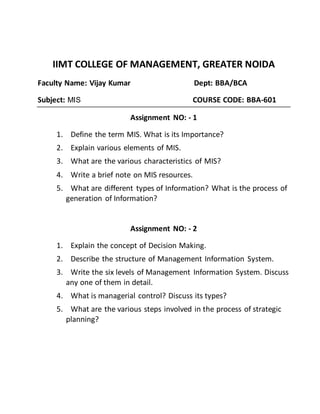Mis course bba 601 assignments & question bank unit wise | DOC