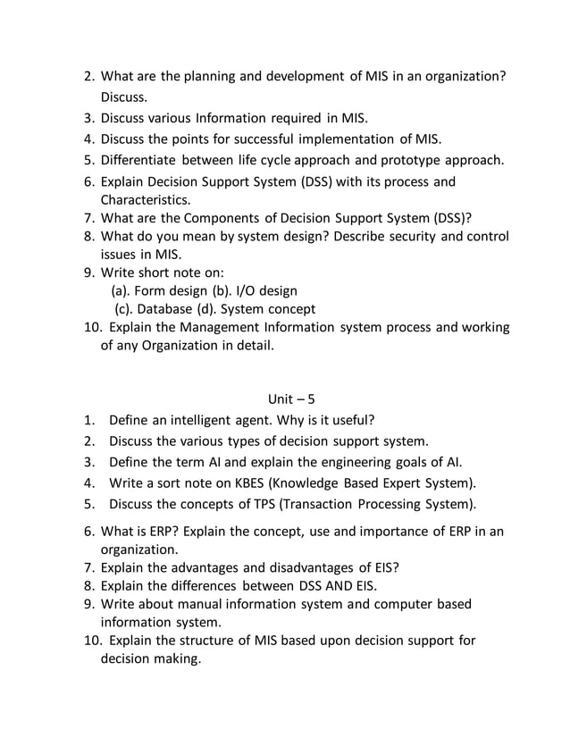 Mis course bba 601 assignments & question bank unit wise | PDF