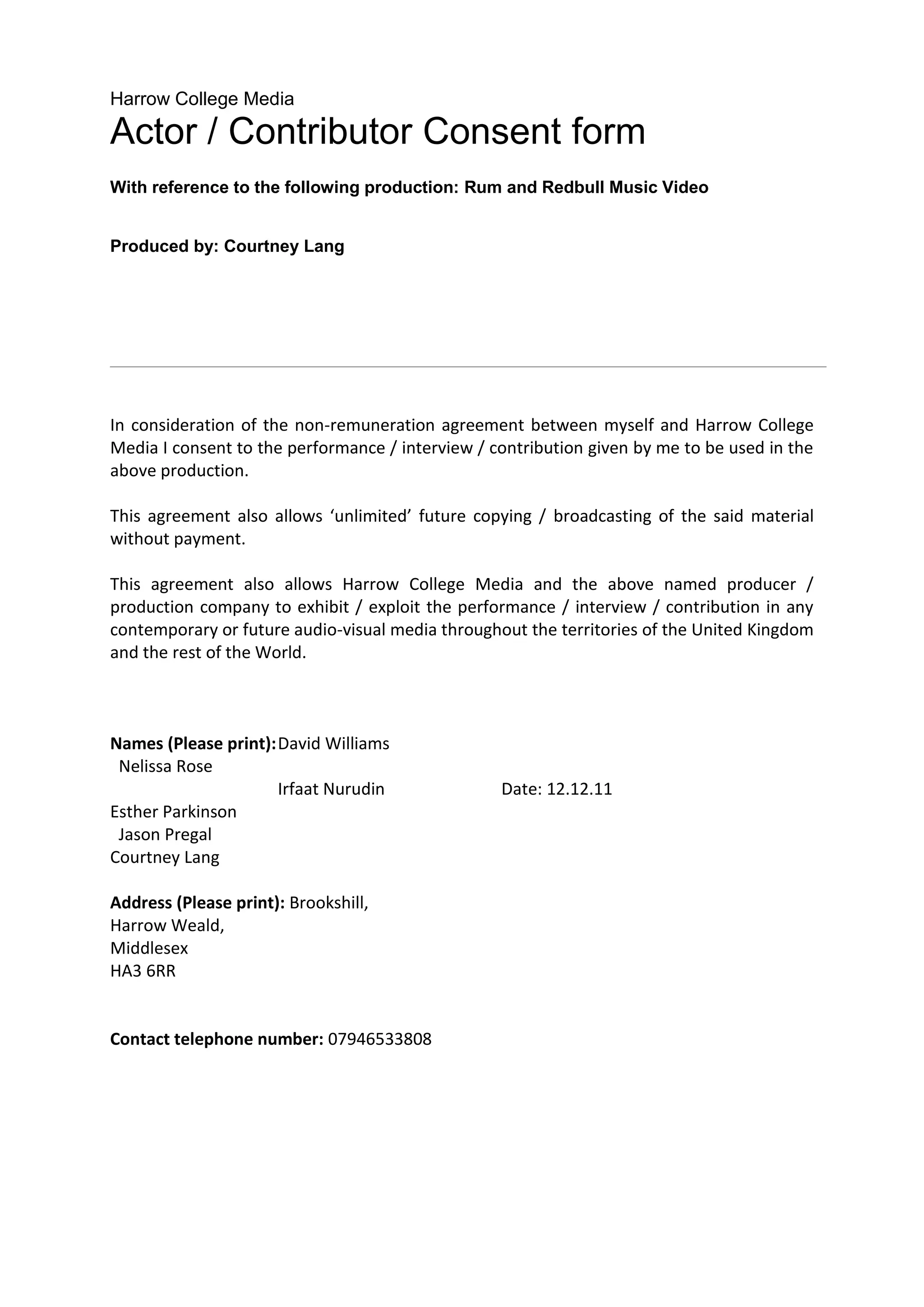 Permission of access and Actor Consent Form | DOCX