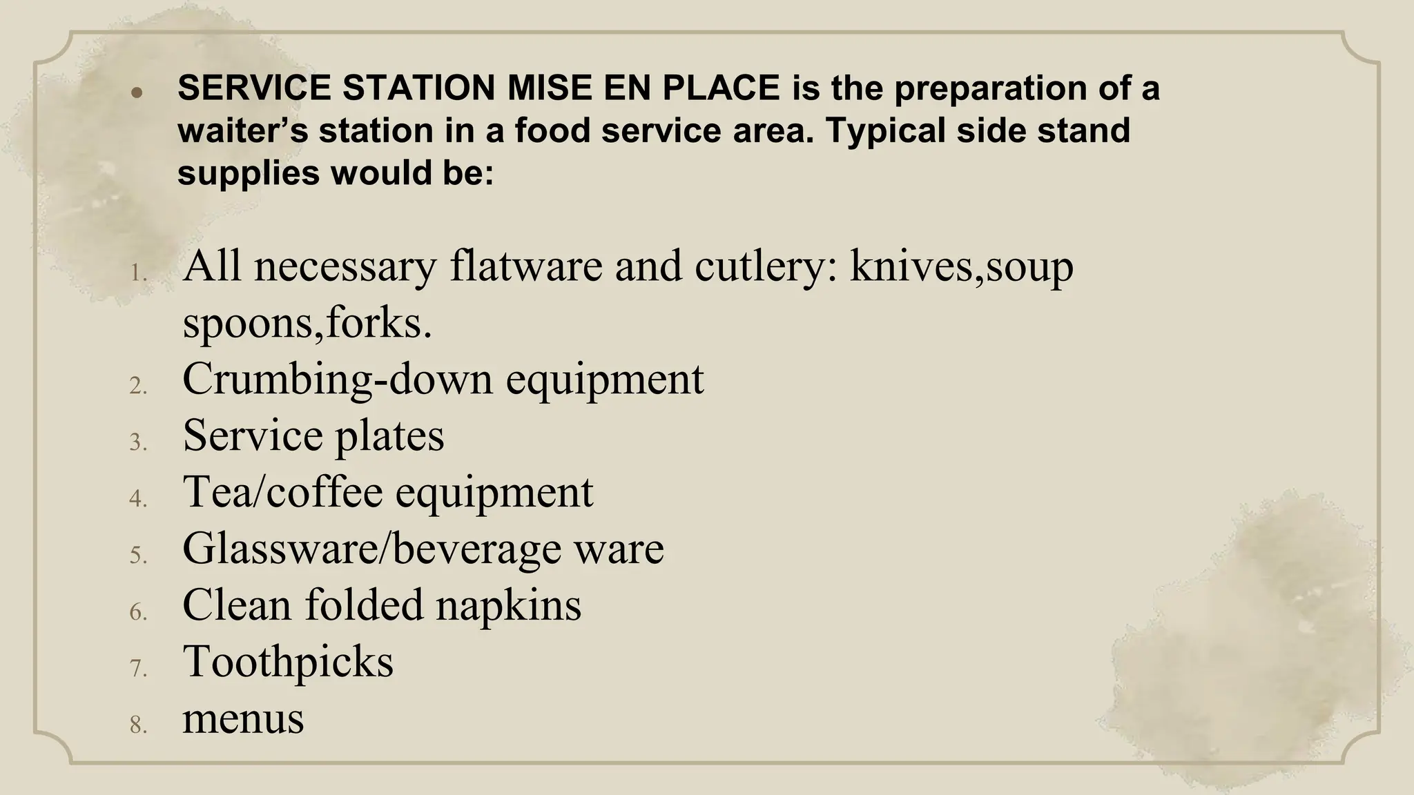 MISE EN PLACE food beverage services NC II | PPTX