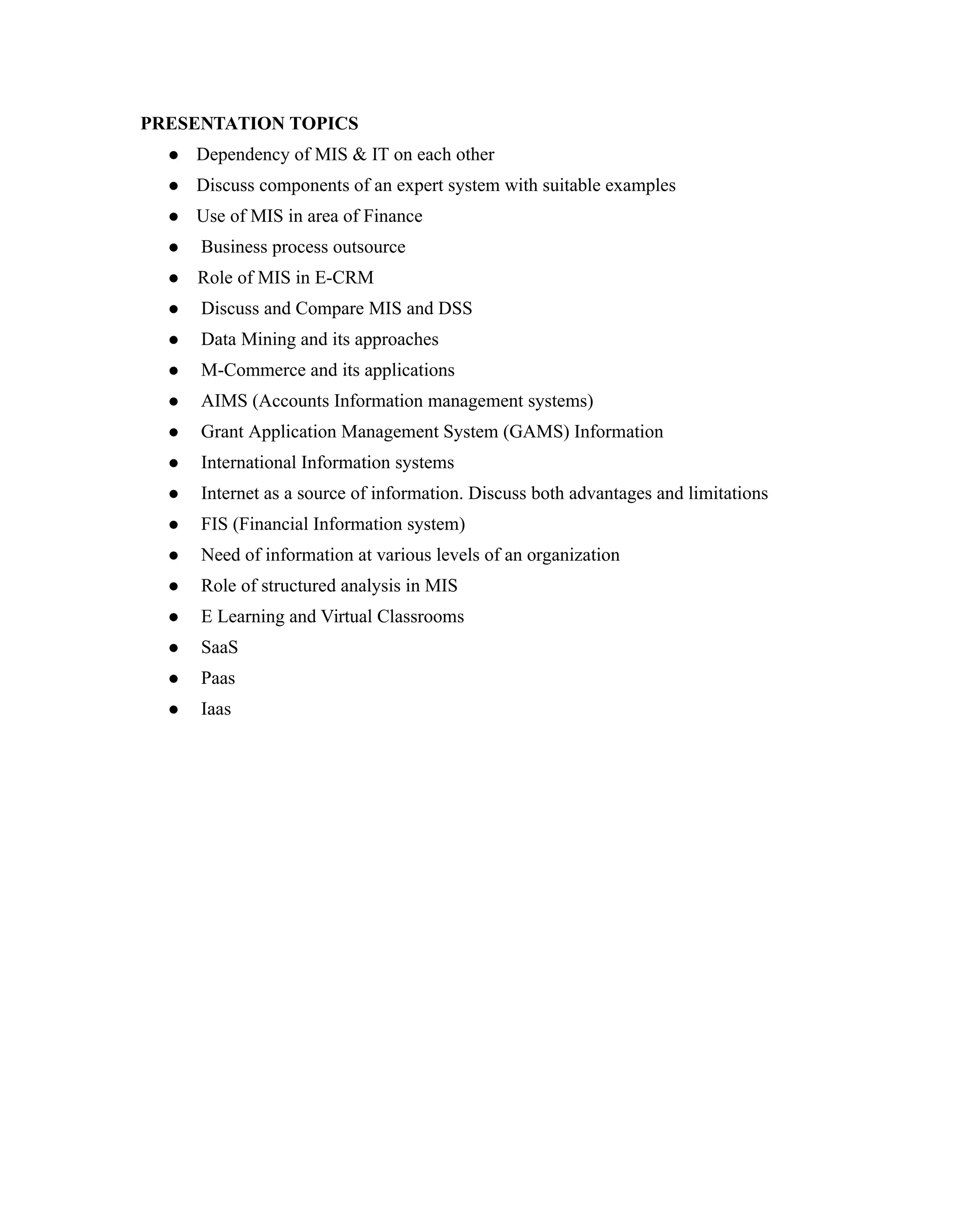 Mis presentation topics bca2 | DOC