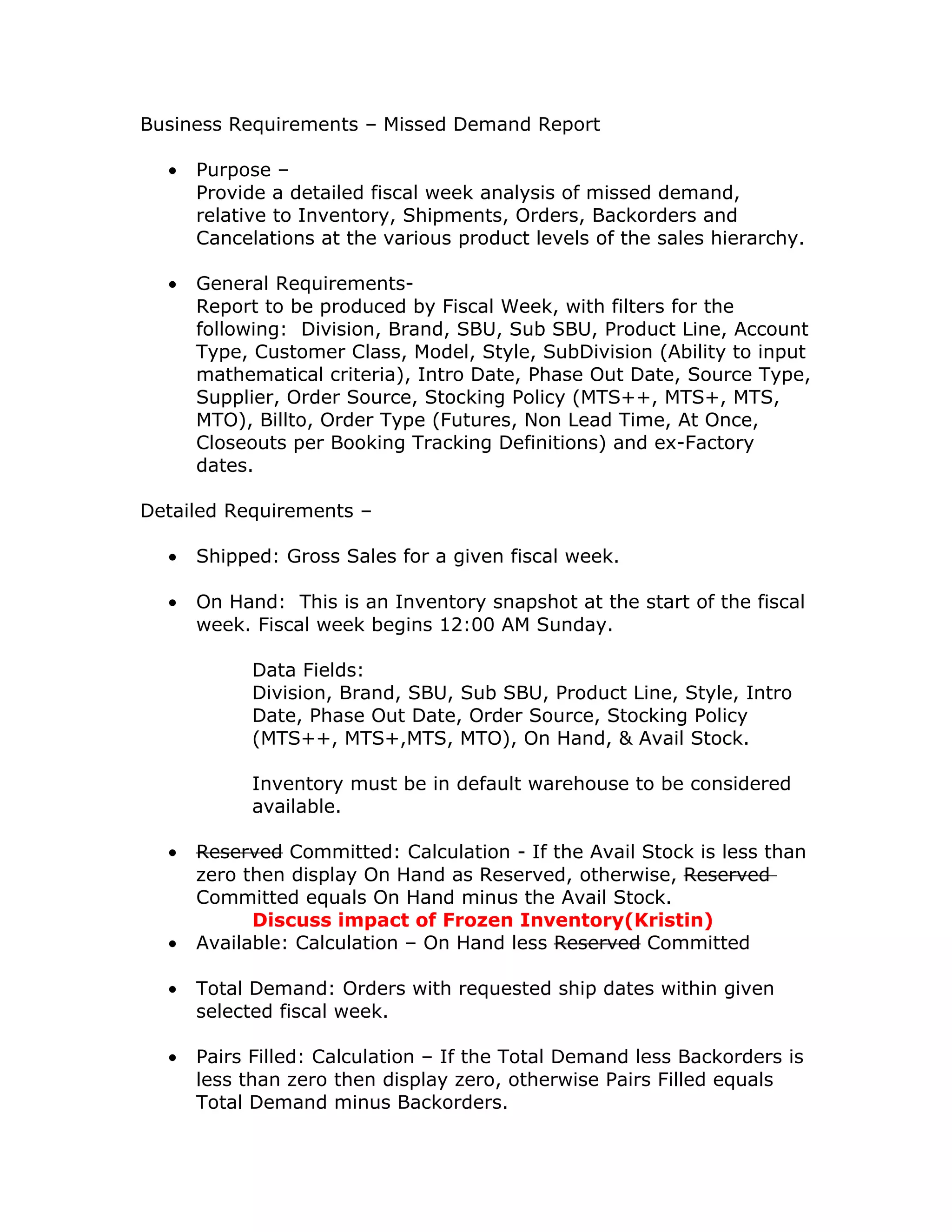 Missed Demand Report Business Requirements[1] | DOC