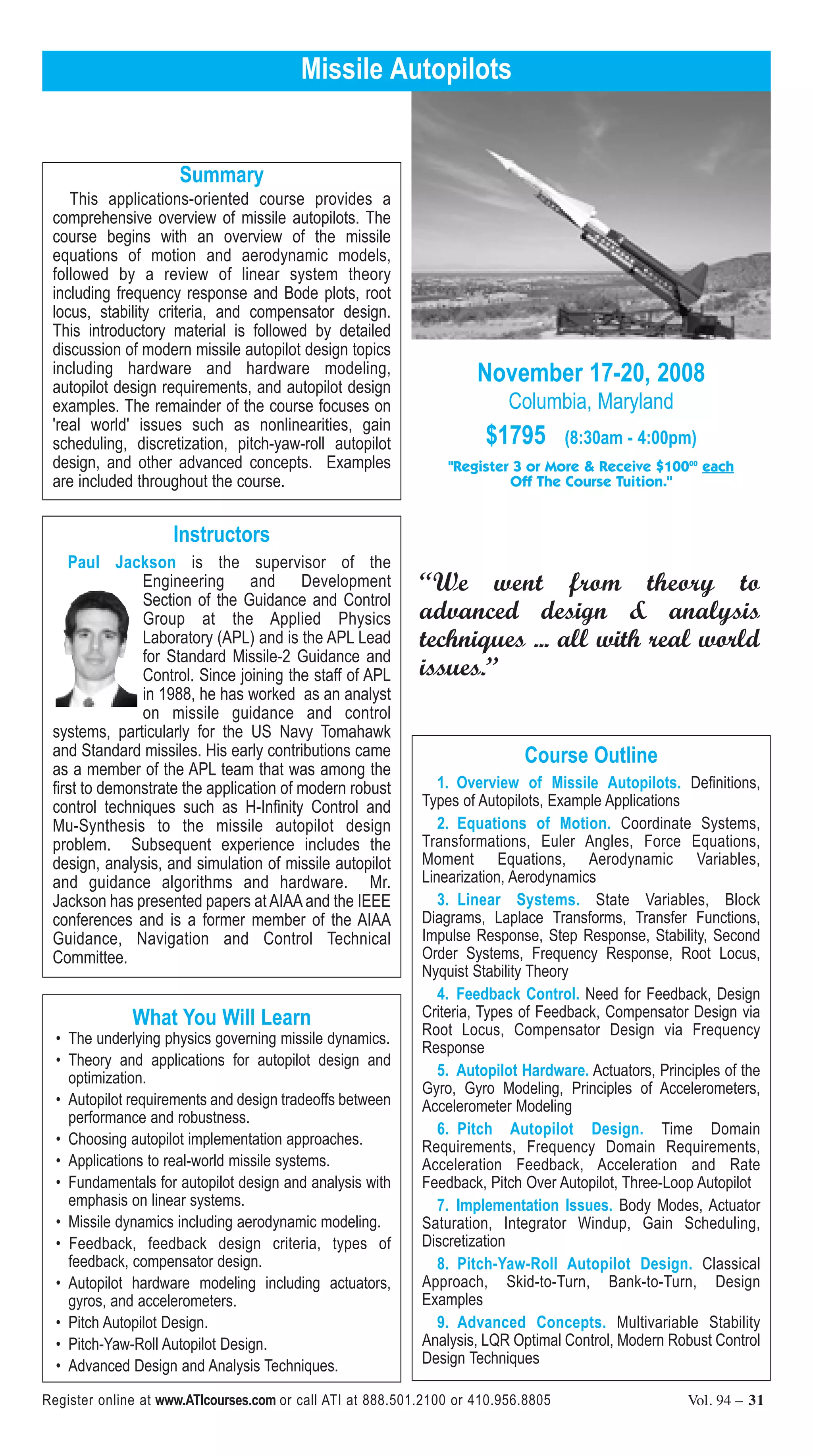 ATI Professional Development Technical Training Short Course on Missile Autopilots | PDF