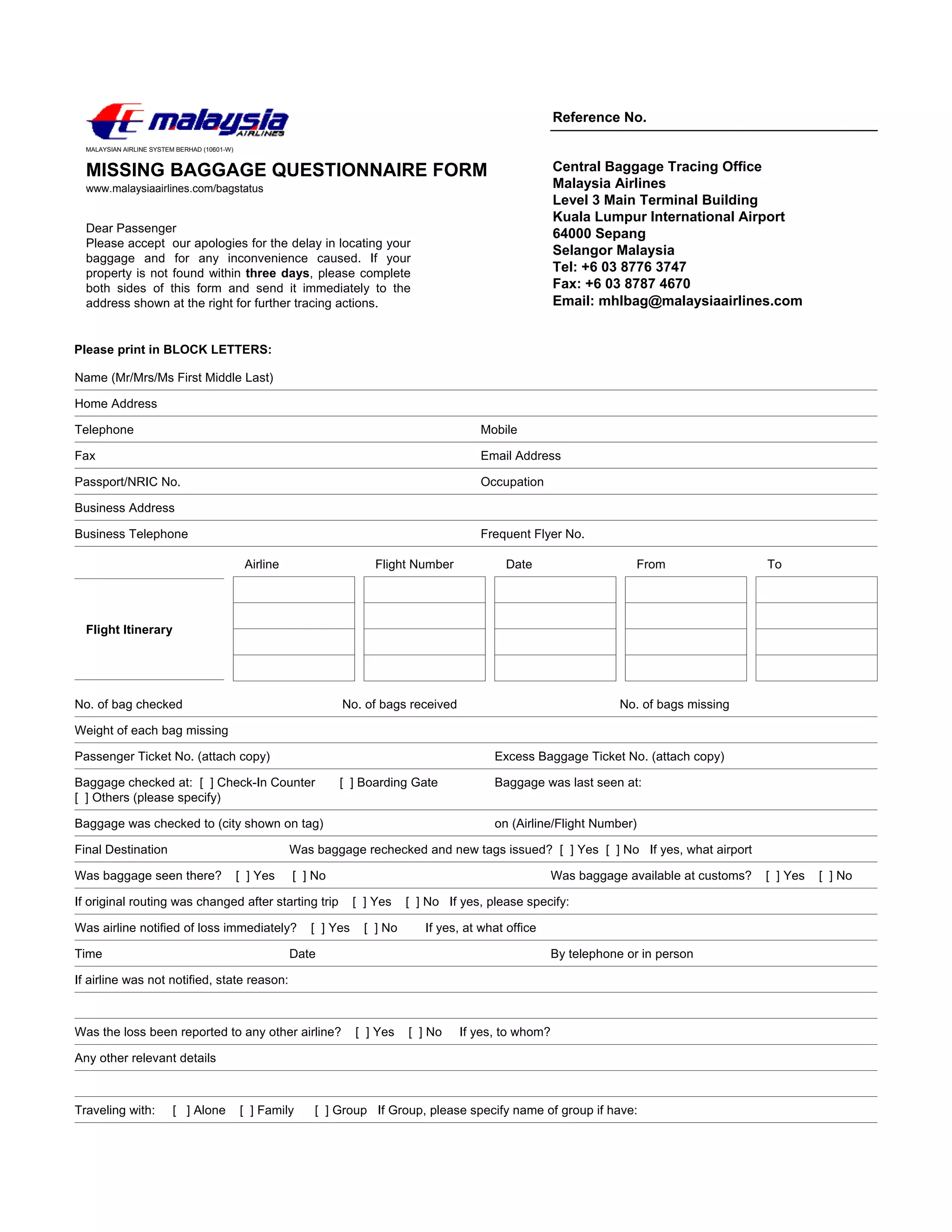 Missing baggage questionnaire form malaysia airlines | PDF