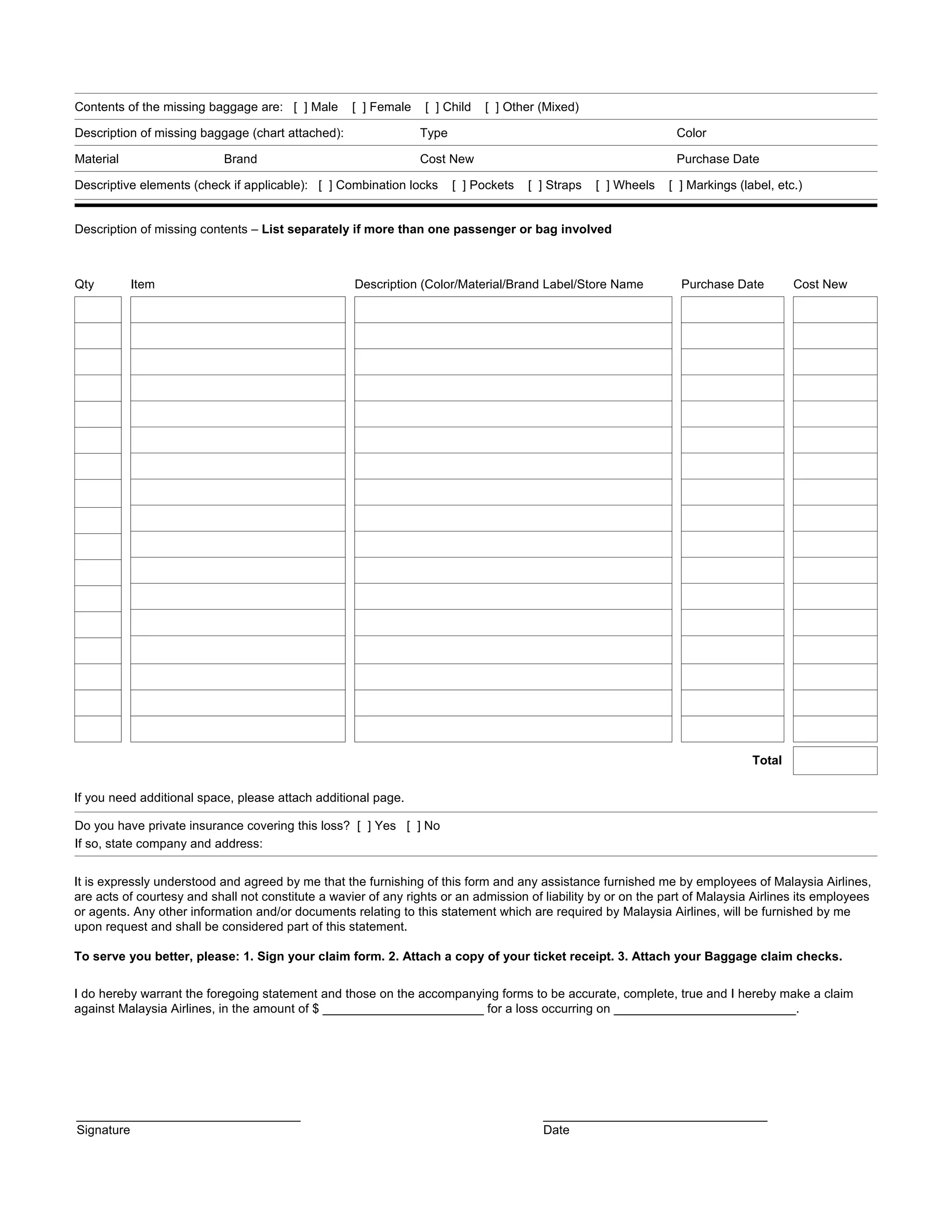 Missing baggage questionnaire form malaysia airlines | PDF