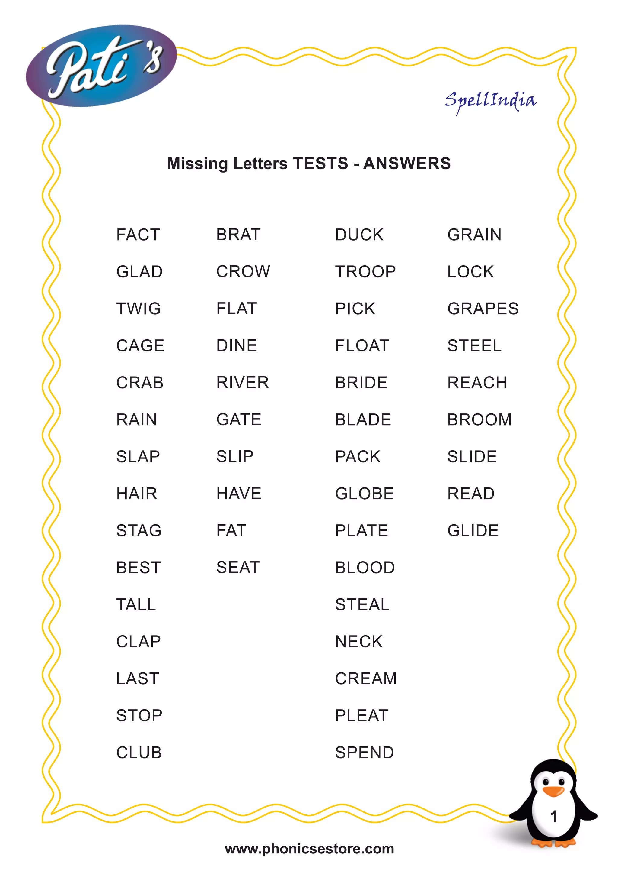 Pati's Missing Letters - Tests - Answers | PDF