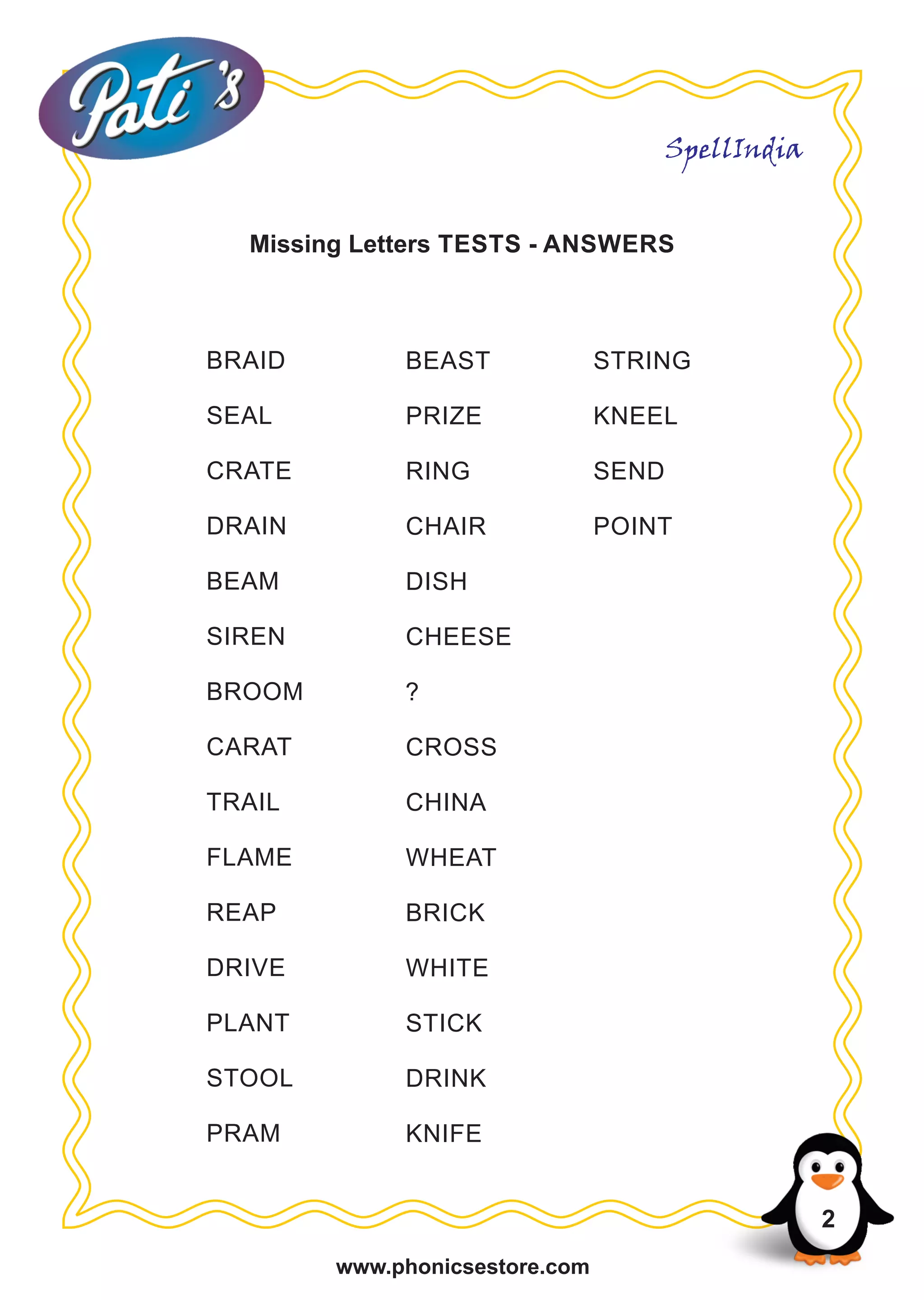 Pati's Missing Letters - Tests - Answers | PDF