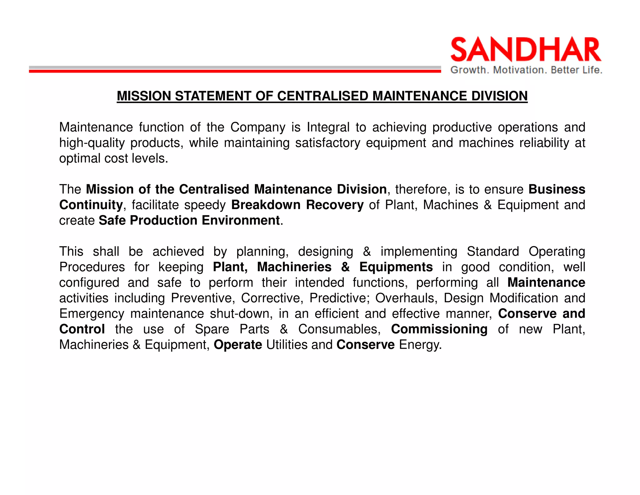 Mission Statement Centralised Maintenance Division | PDF