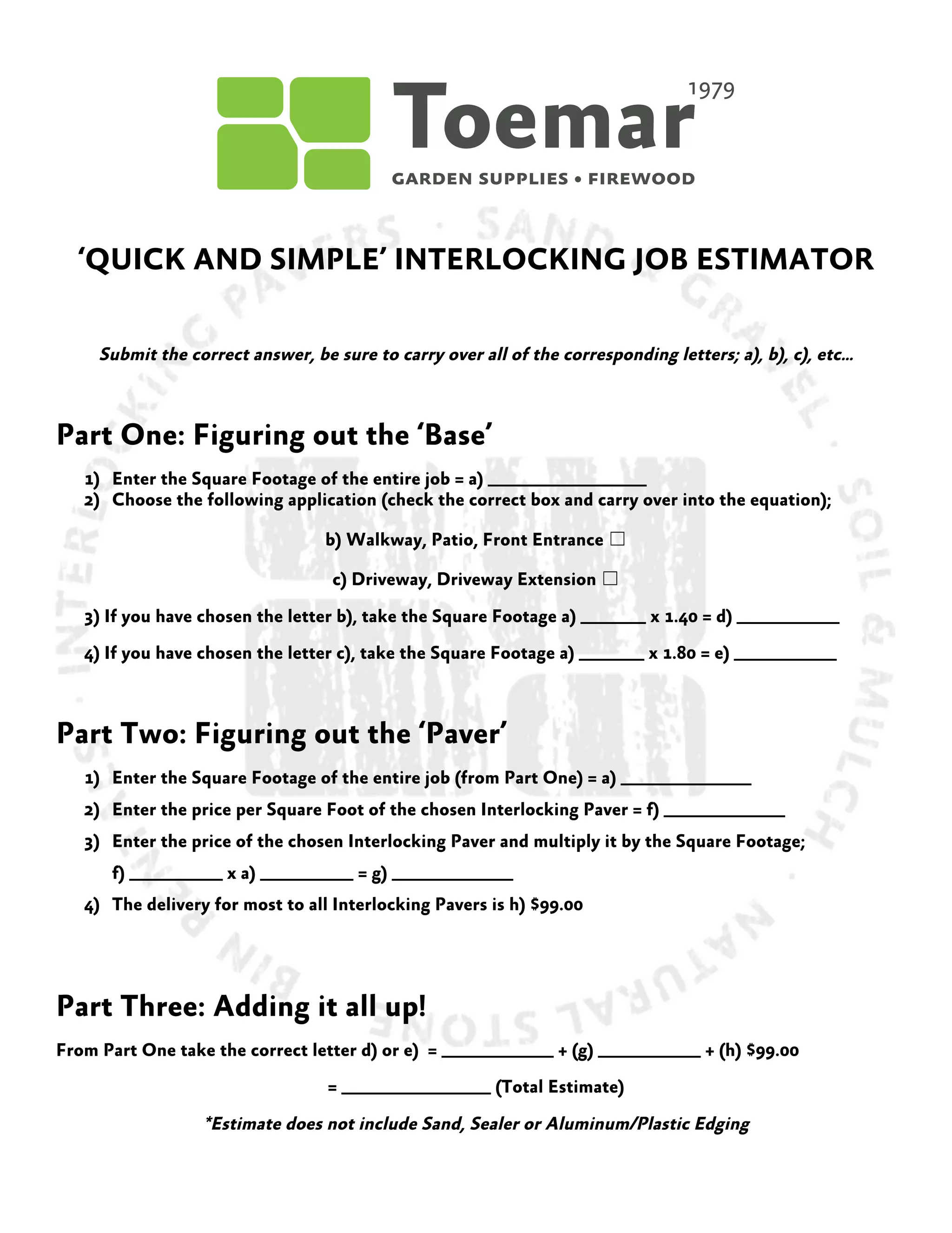 Mississauga Interlocking Paver Estimate Worksheet | PDF