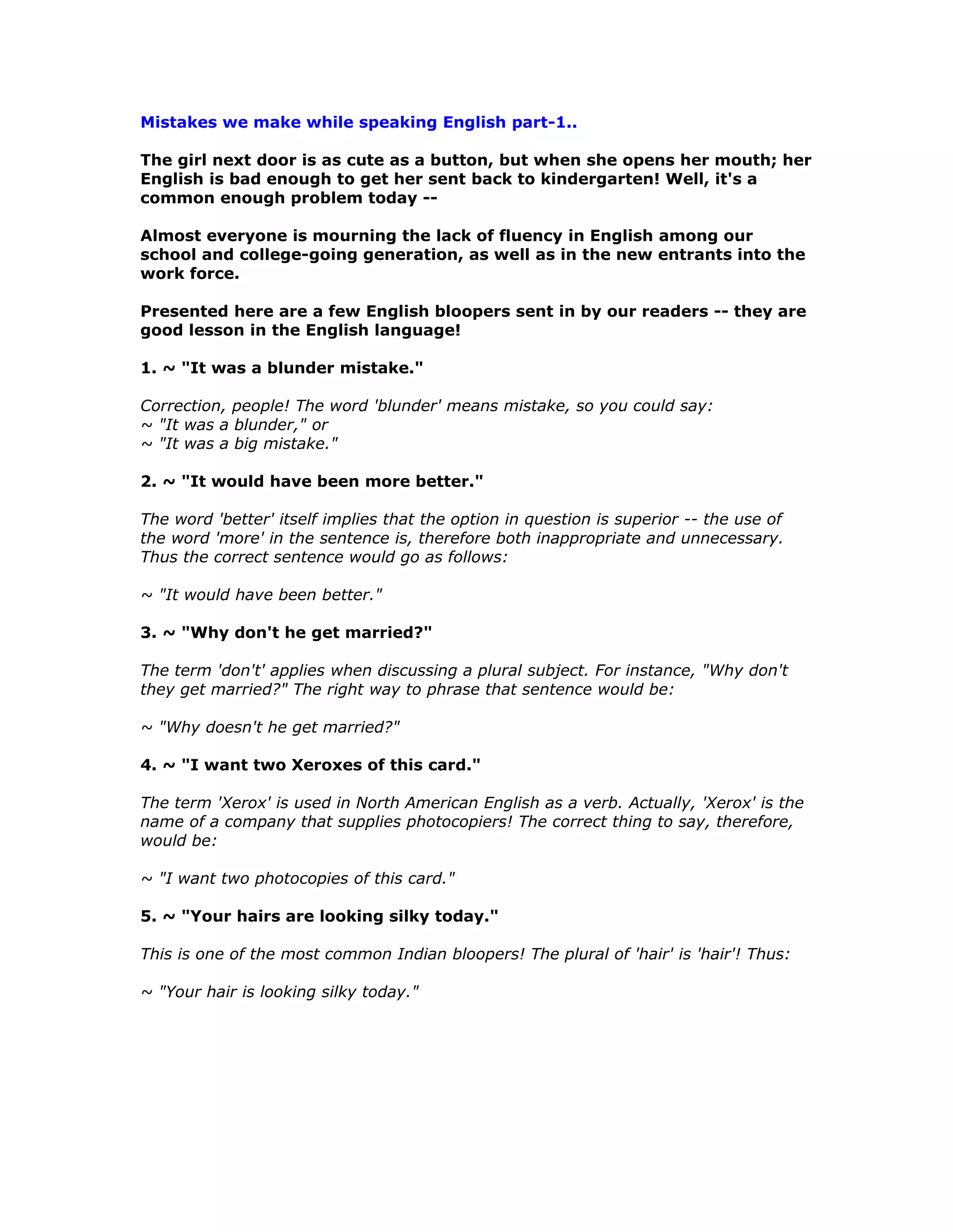 Mistakes we make while speaking english part | PDF