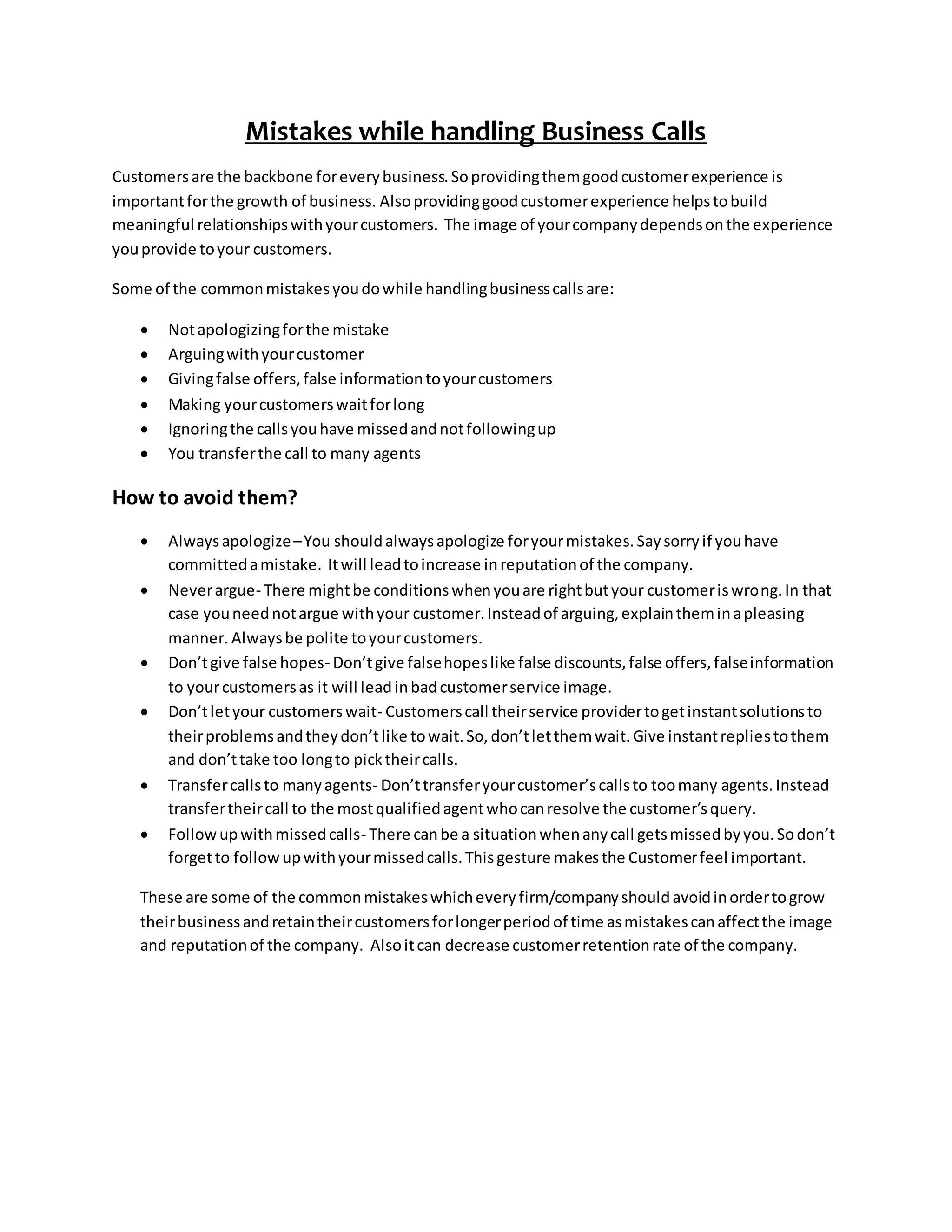 Mistakes while handling business calls | PDF