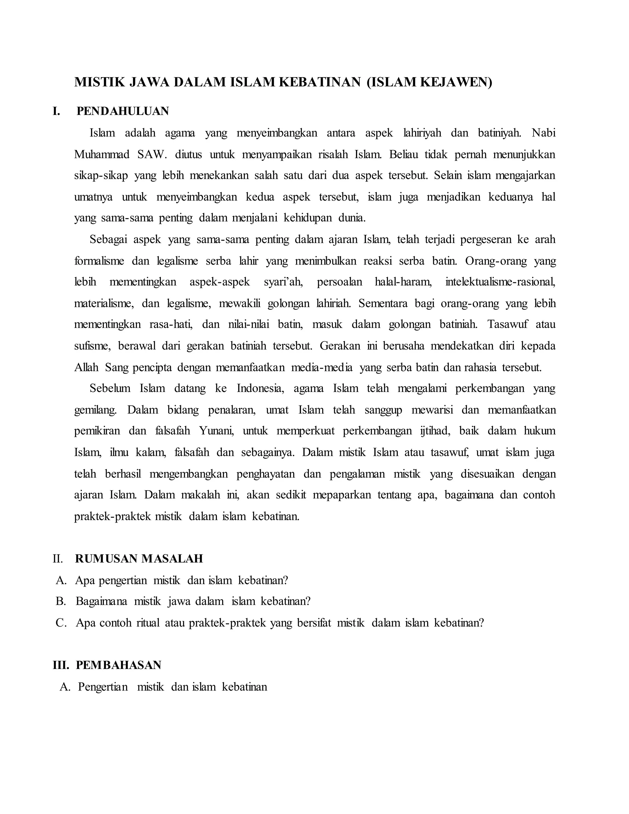 Mistik Jawa dalam Islam Kebatinan | DOCX