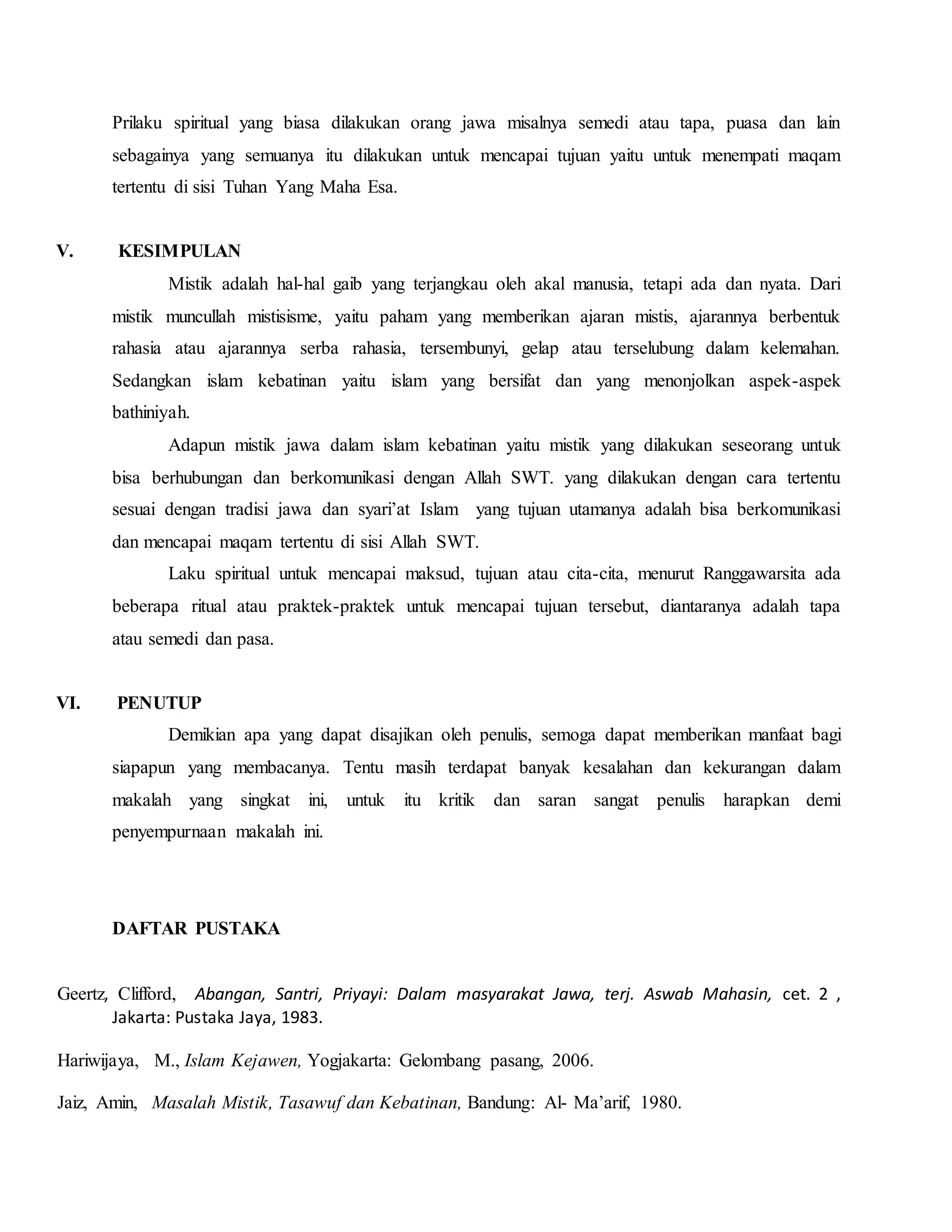 Mistik Jawa dalam Islam Kebatinan | DOCX