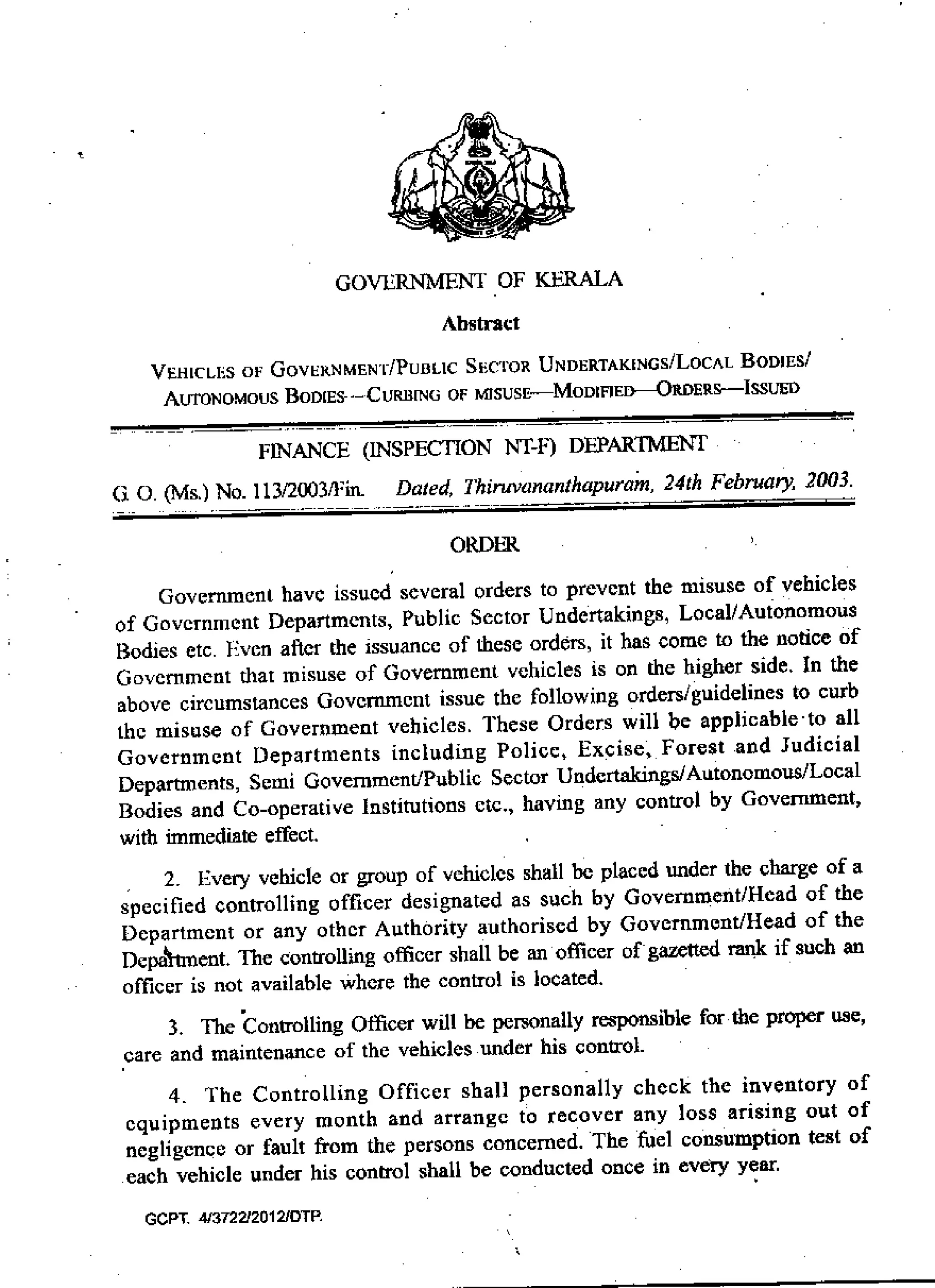 Misuse of Kerala Government Vehicles- Action initiated | PDF