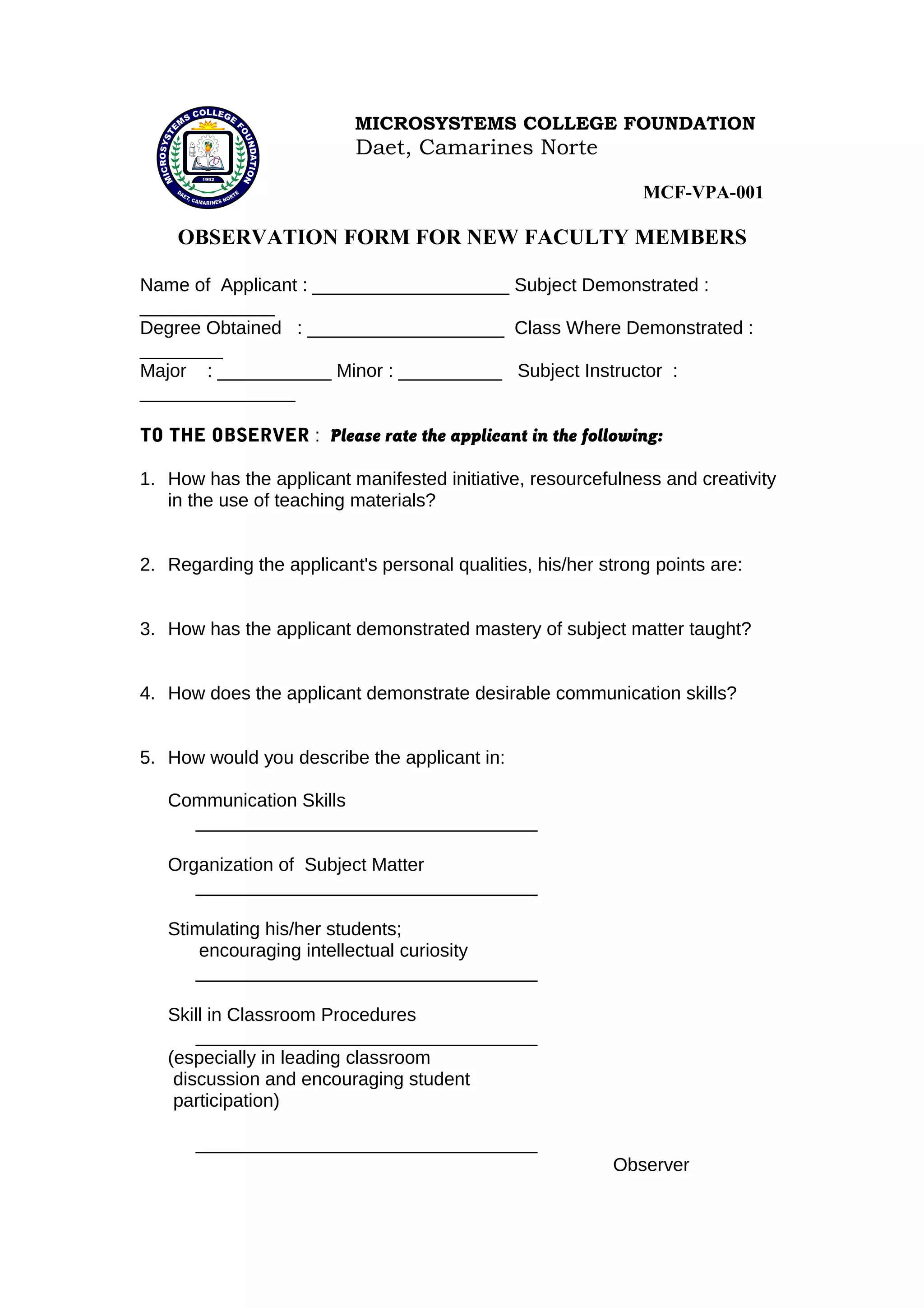 Mit vpa-001 observation form for new faculty members | DOC