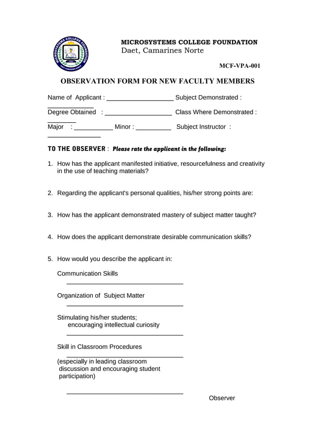 Mit vpa-001 observation form for new faculty members | DOC