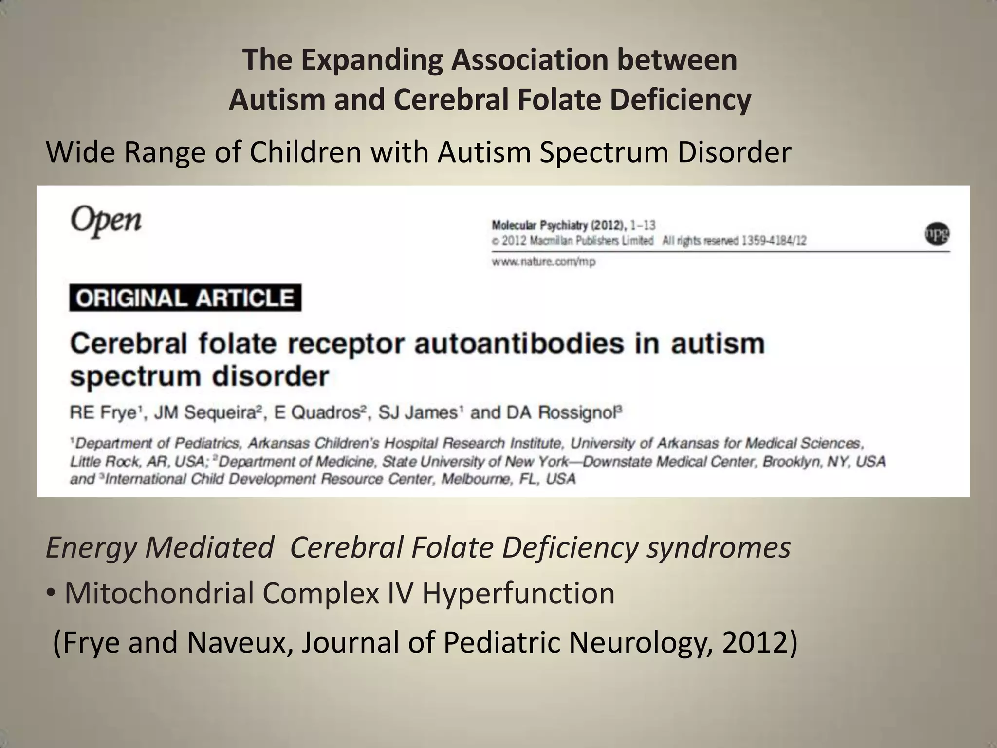 Mitochondrial Disorders and Cerebral Folate Deficiency in Autism ...