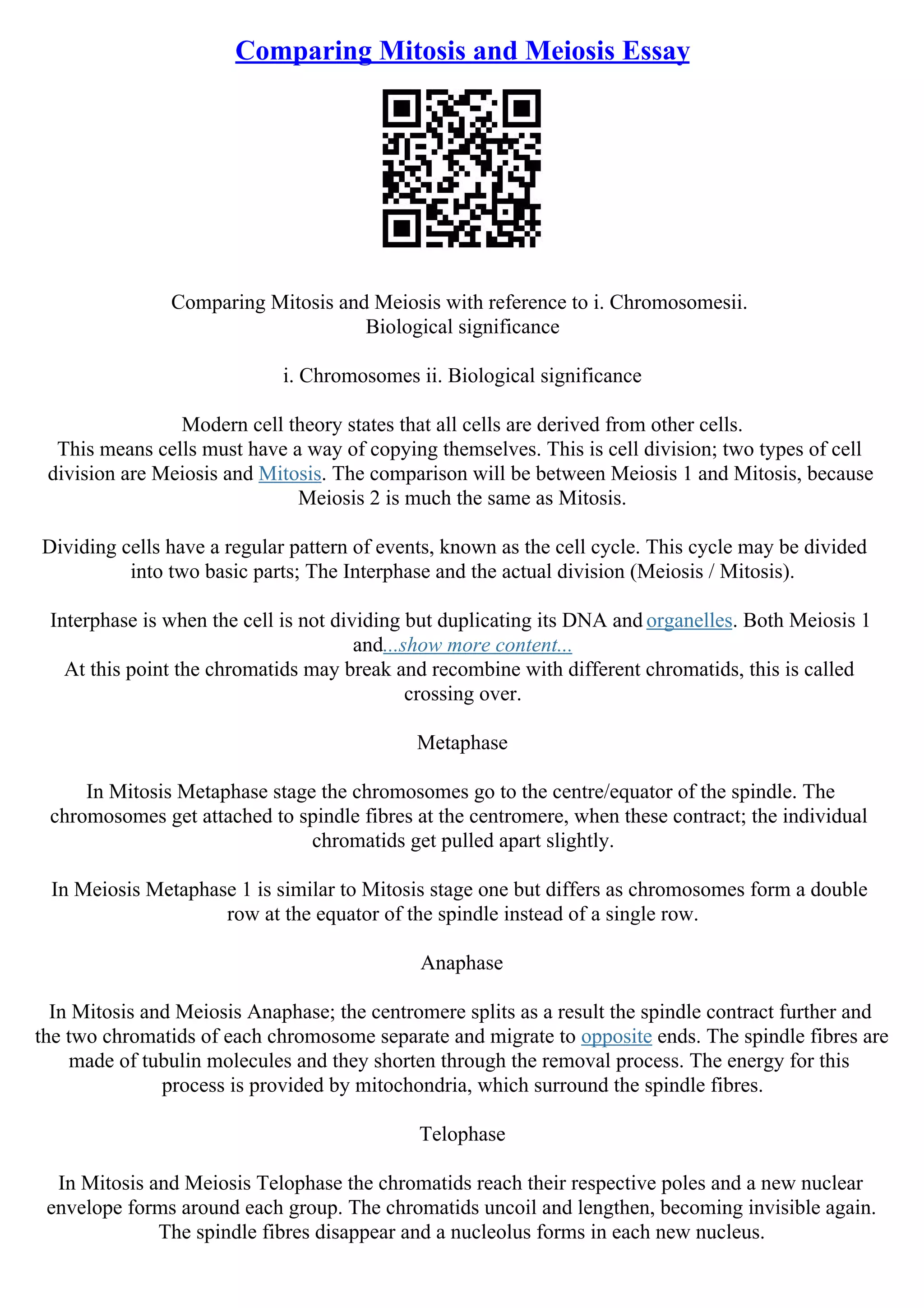Mitosis And Meiosis Essay | PDF