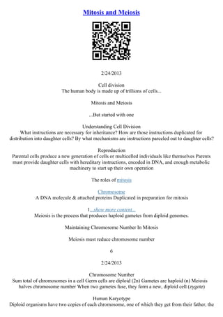 Mitosis And Meiosis Essay | PDF