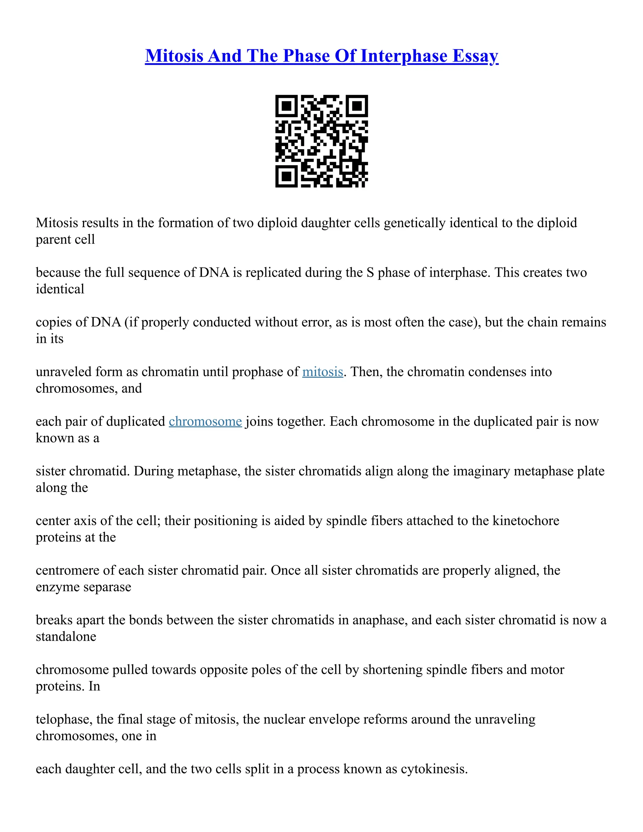 Mitosis And Phase Of Mitosis Essay | PDF