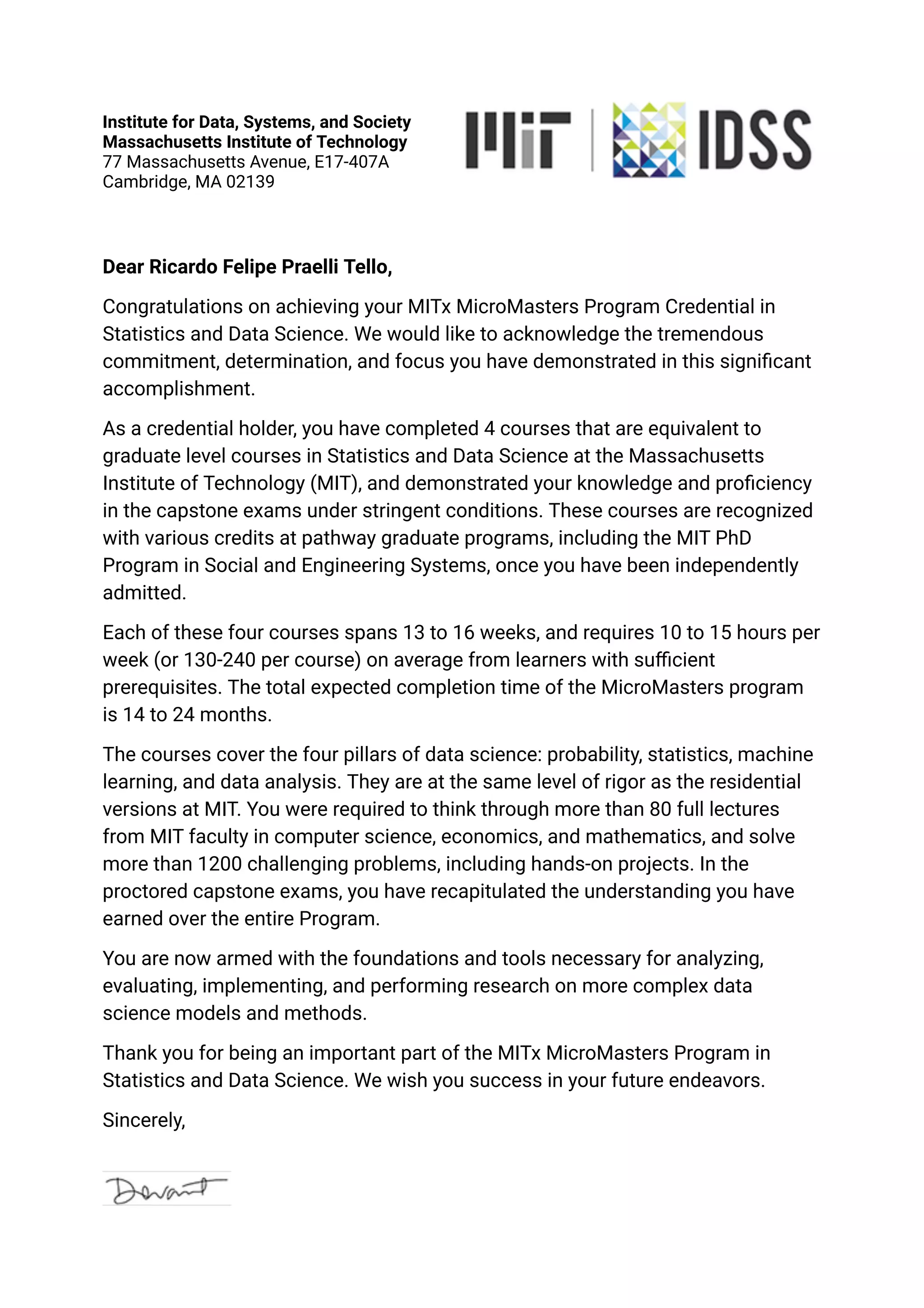 MicroMasters in Statistics and Data Science Letter | PDF