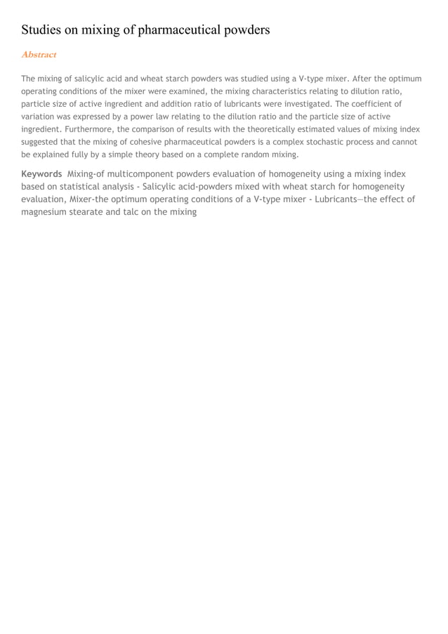 Mixing of pharmaceutical powders | DOC | Chemistry | Science