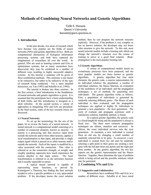 Methods Of Combining Neural Networks And Genetic Algorithms Pdf