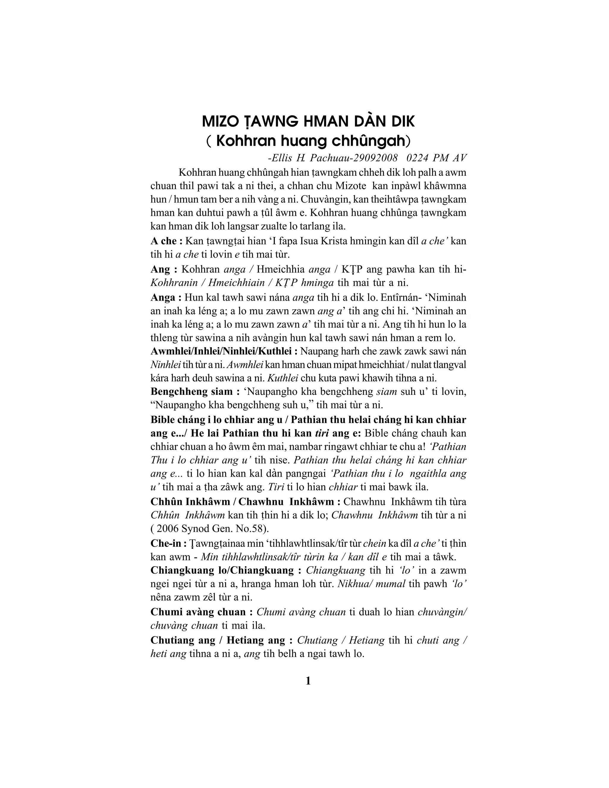 Mizo Tawng Hman Dan Dik Kohhran Huang Chhungah | PDF