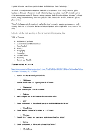 100 Interesting Trivia Questions about Mizoram | PDF