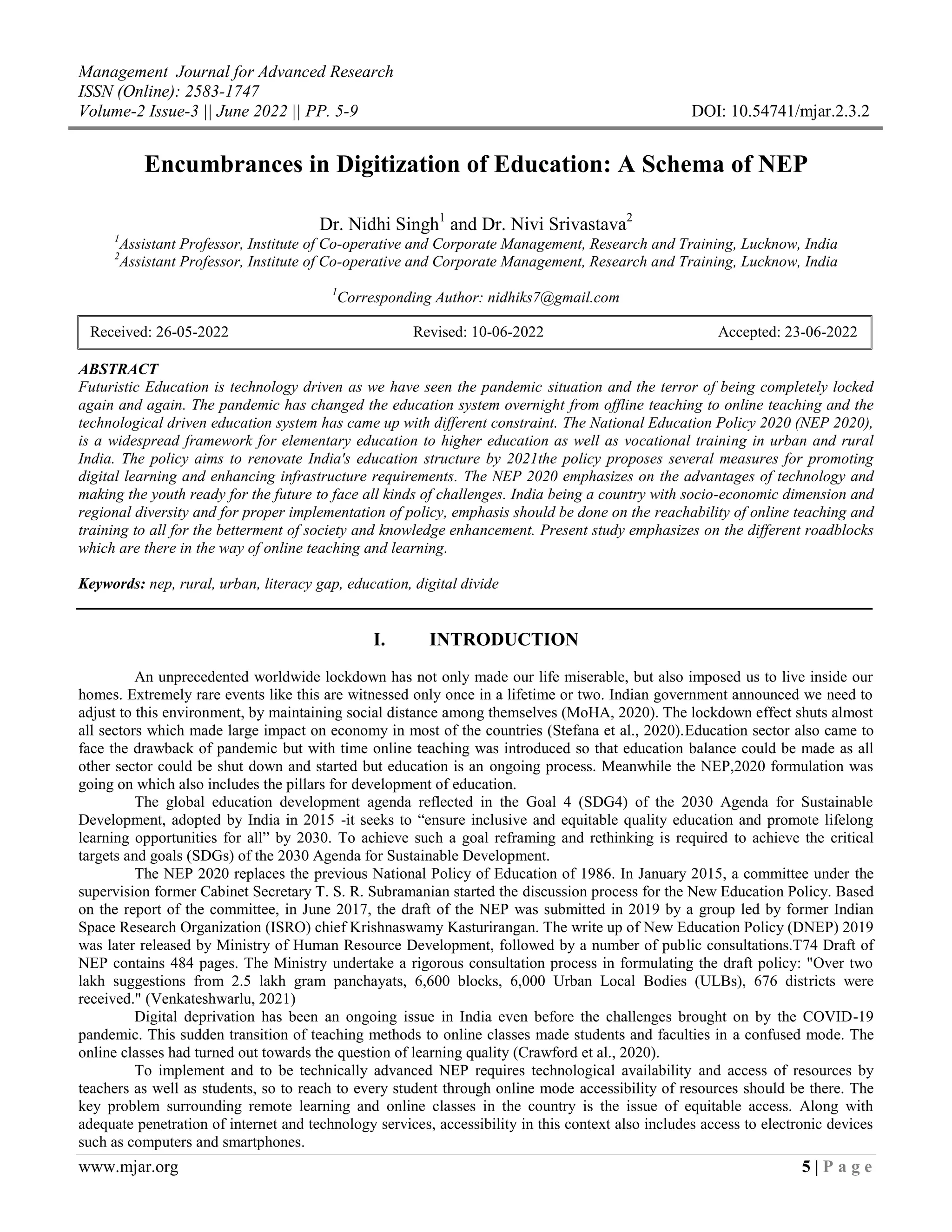 Encumbrances in Digitization of Education: A Schema of NEP | PDF