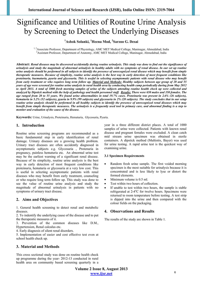 Significance and Utilities of Routine Urine Analysis by Screening to ...