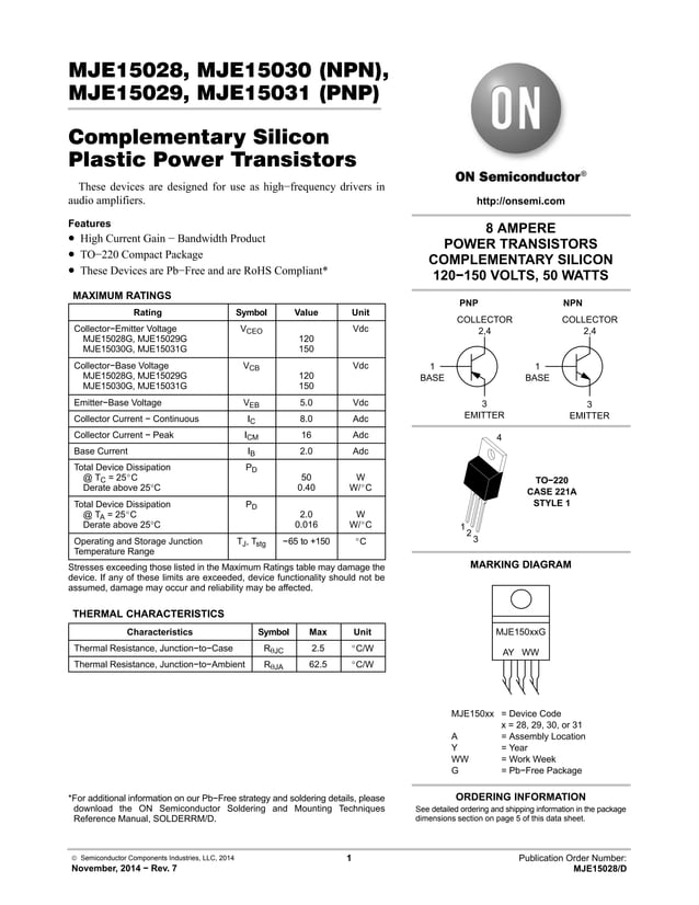 Original PNP Transistor MJE15031G 15031 TO-220 New ON | PDF
