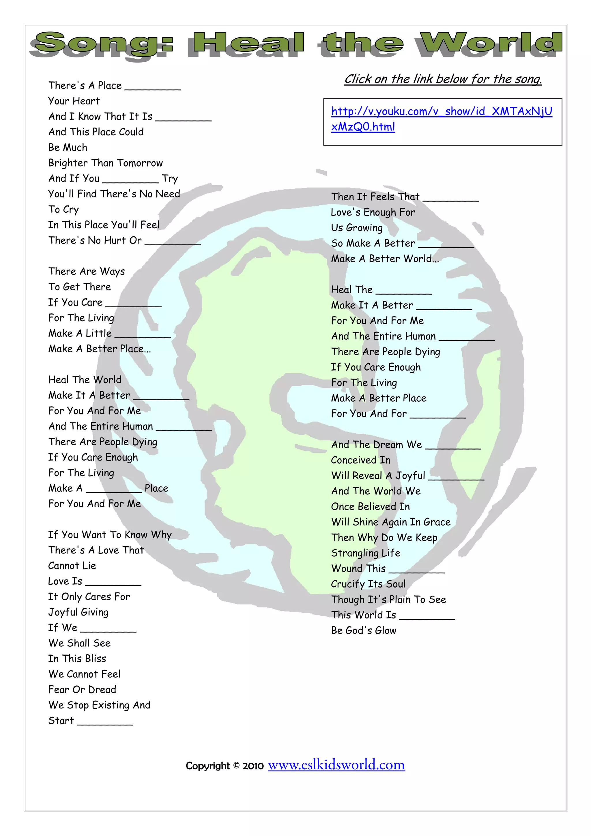 M j heal the world song worksheet | PDF