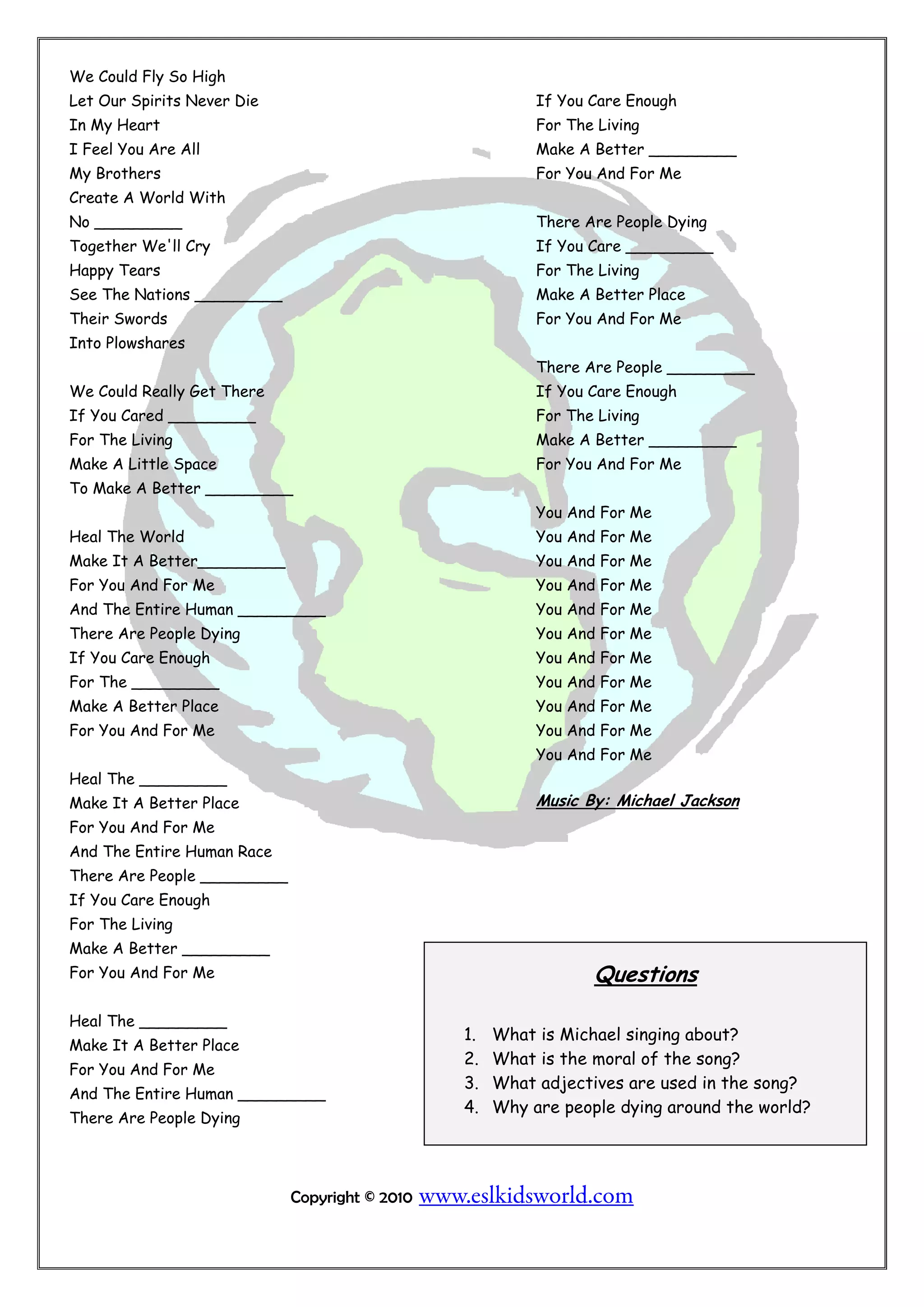 M j heal the world song worksheet | PDF