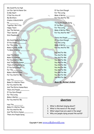 M j heal the world song worksheet | PDF