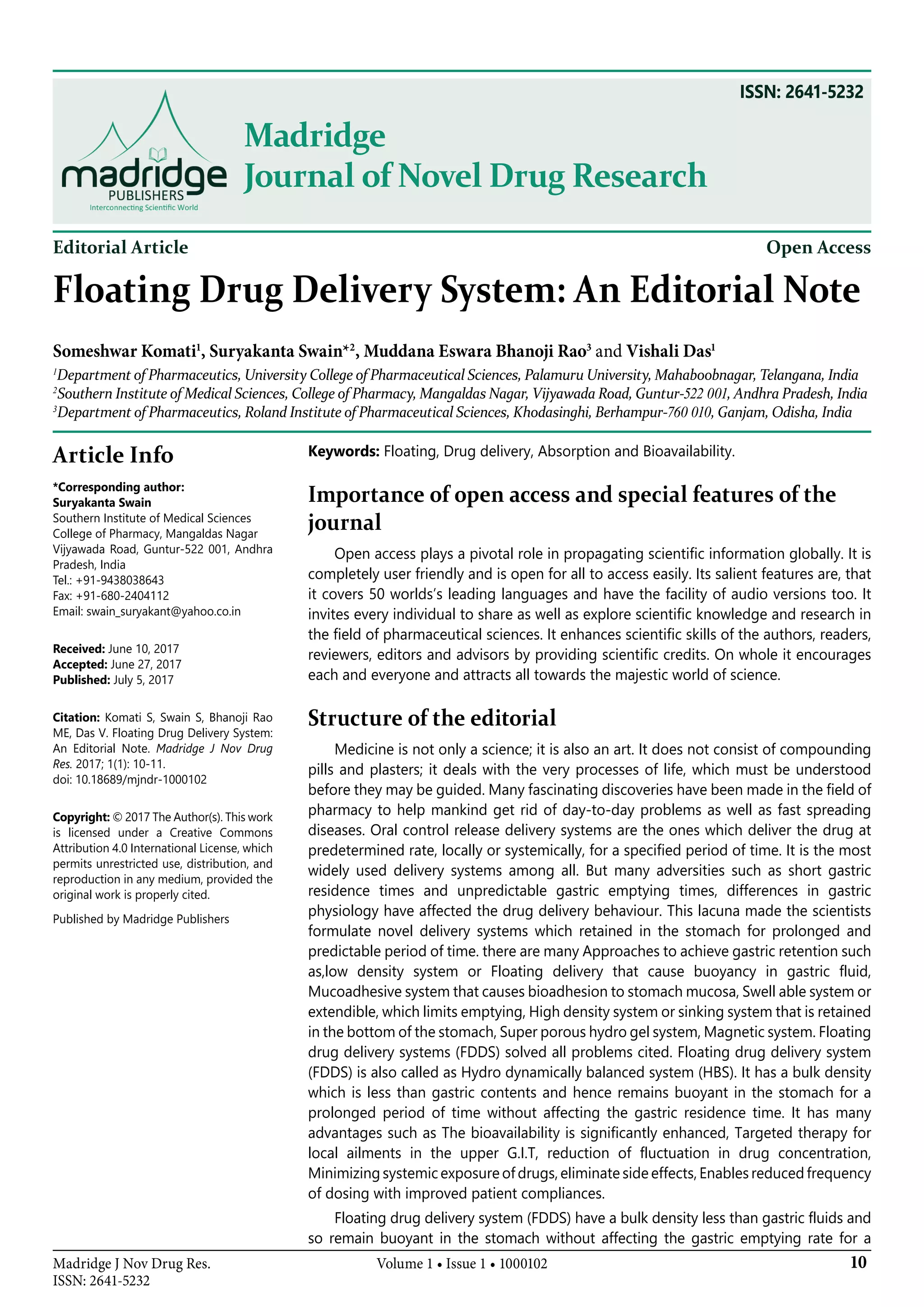 Floating Drug Delivery System: An Editorial Note | PDF