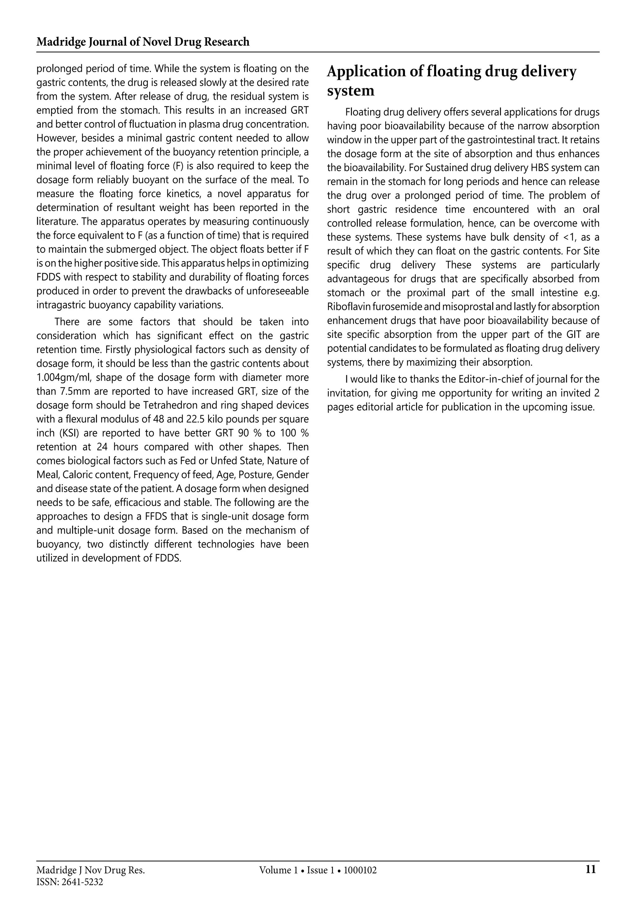 Floating Drug Delivery System: An Editorial Note | PDF