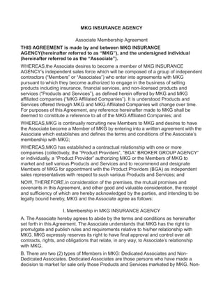 MKG Insurance Sample Associate Agreement-Vesting Milestone | PDF