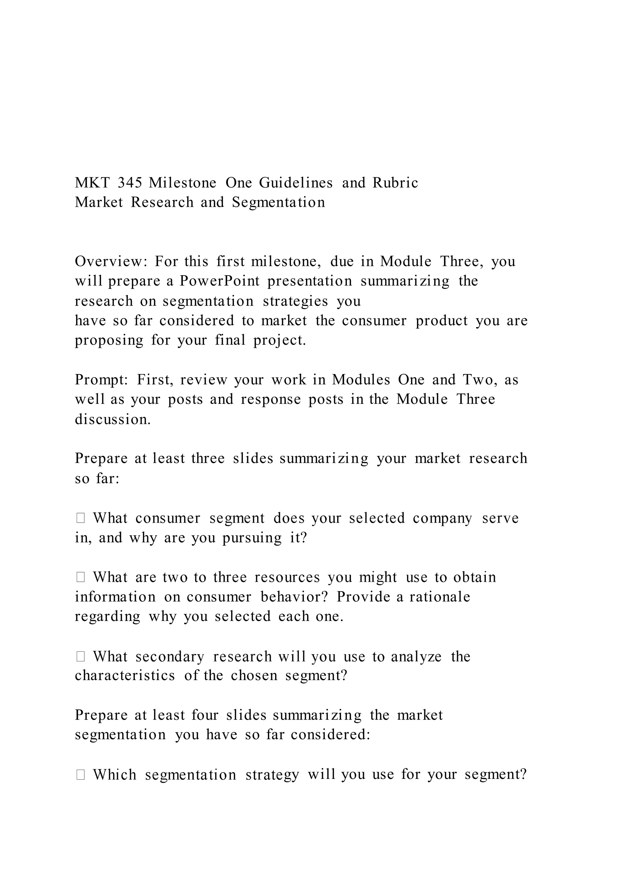 MKT 345 Milestone One Guidelines and Rubric Market Resear | DOCX