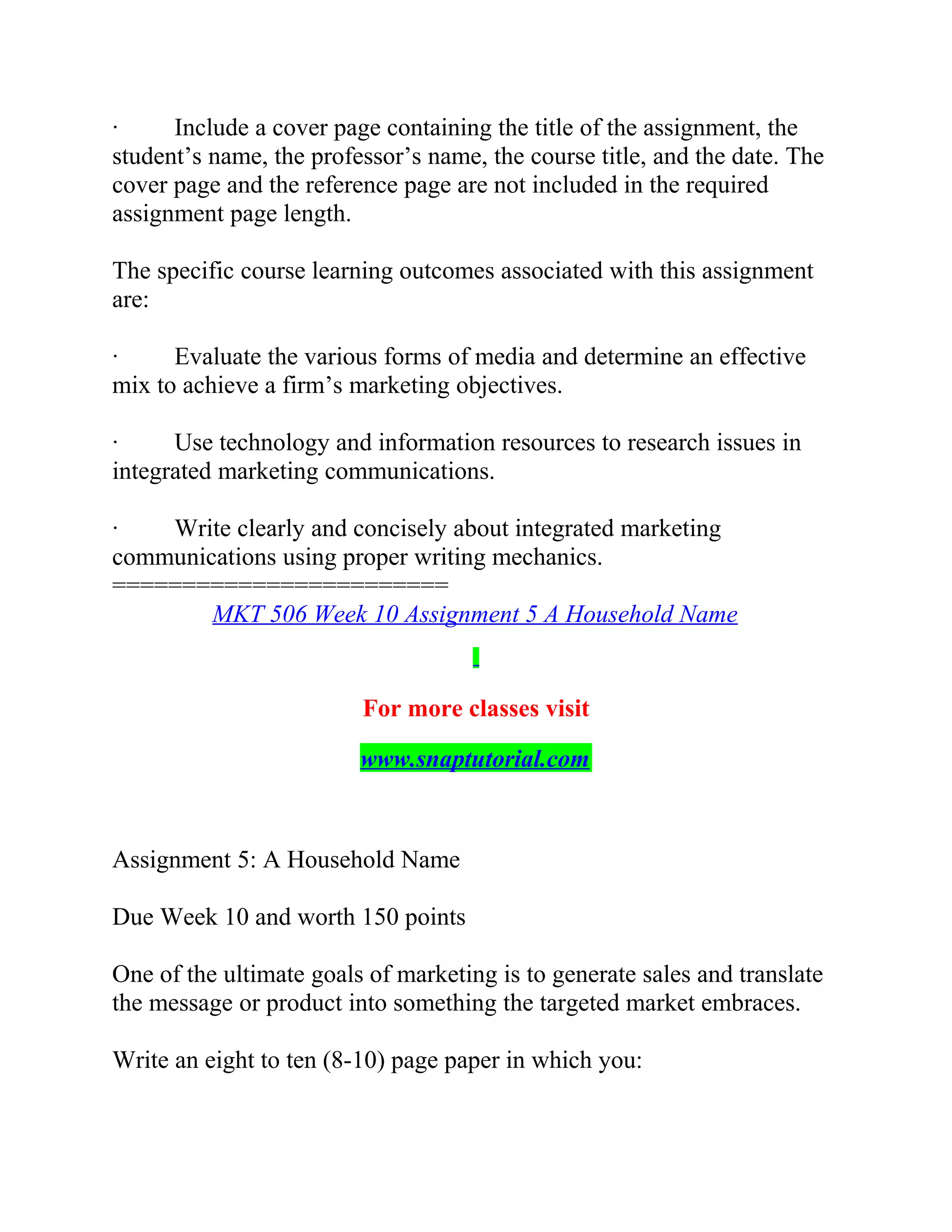 Mkt 506 Massive Success / snaptutorial.com