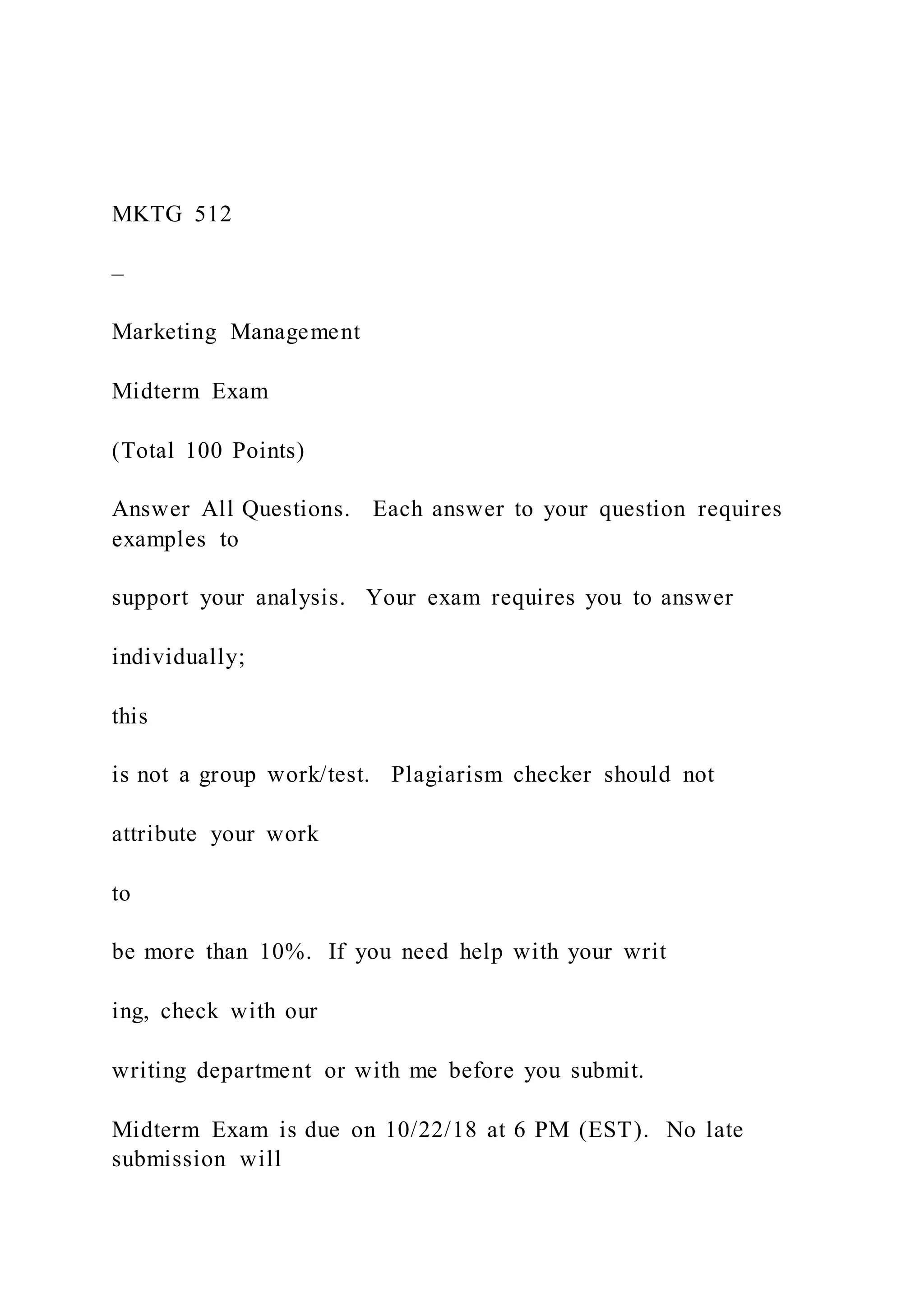 MKTG 512 –Marketing Management Midterm Exam(Tota | DOCX