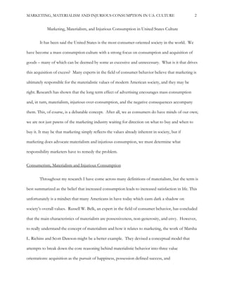 Writing Sample - MARKETING, MATERIALISM AND INJURIOUS CONSUMPTION IN U ...