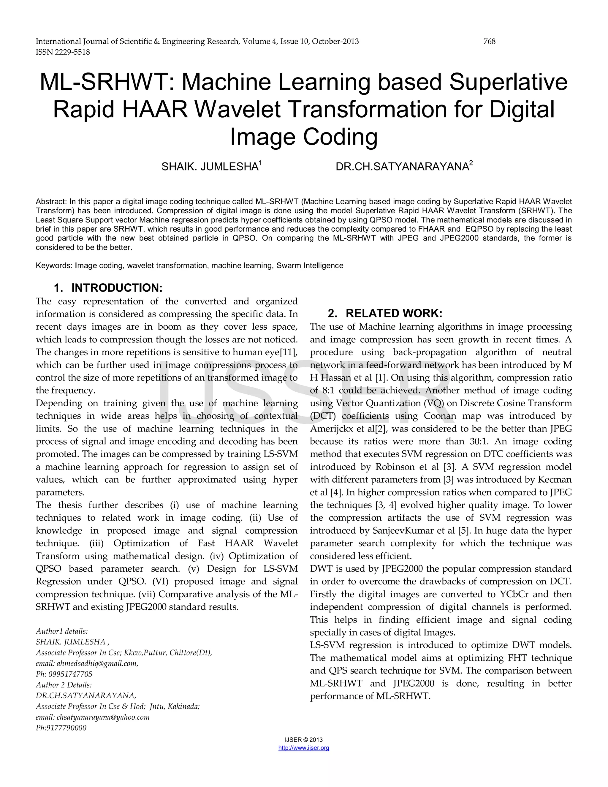 Ml Srhwt Machine Learning Based Superlative Rapid Haar Wavelet