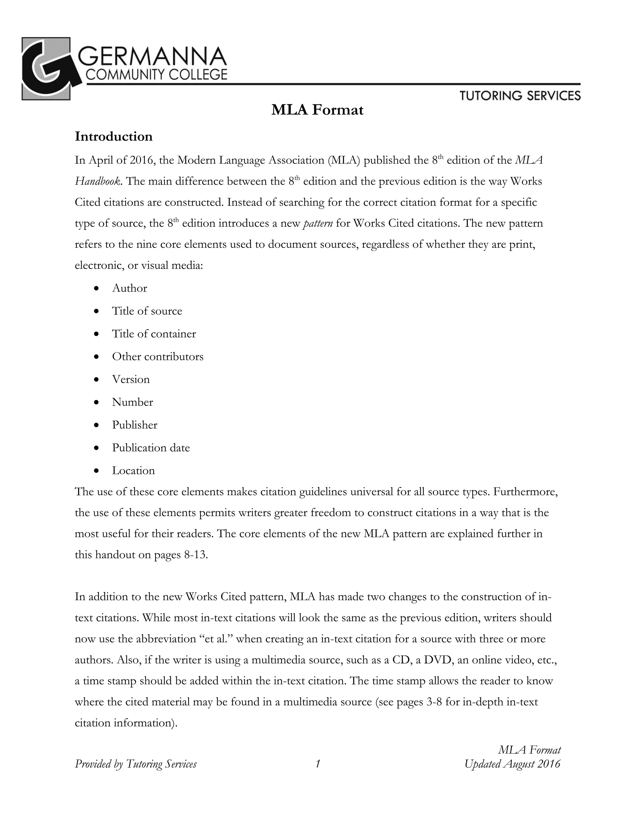 MLA 8th Edition Citation Format by Germanna Community College Tutoring ...