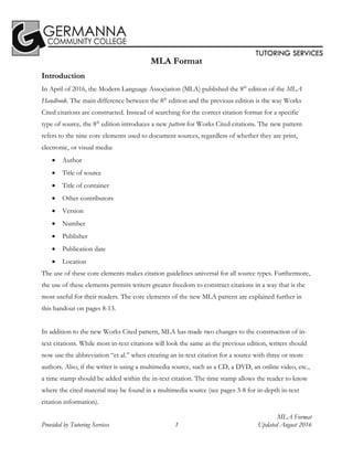 MLA 8th Edition Citation Format by Germanna Community College Tutoring ...