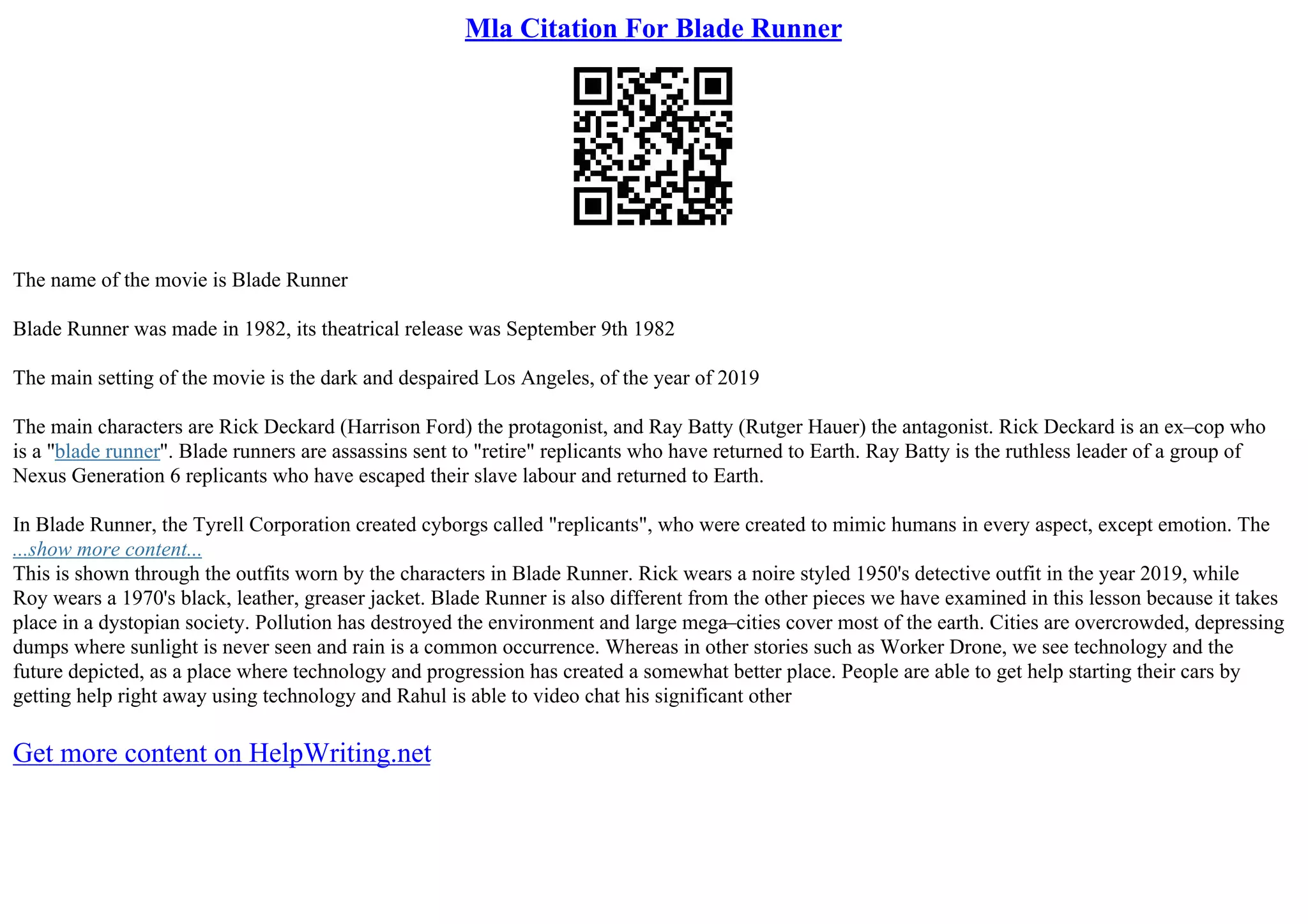 Mla Citation For Blade Runner | PPT