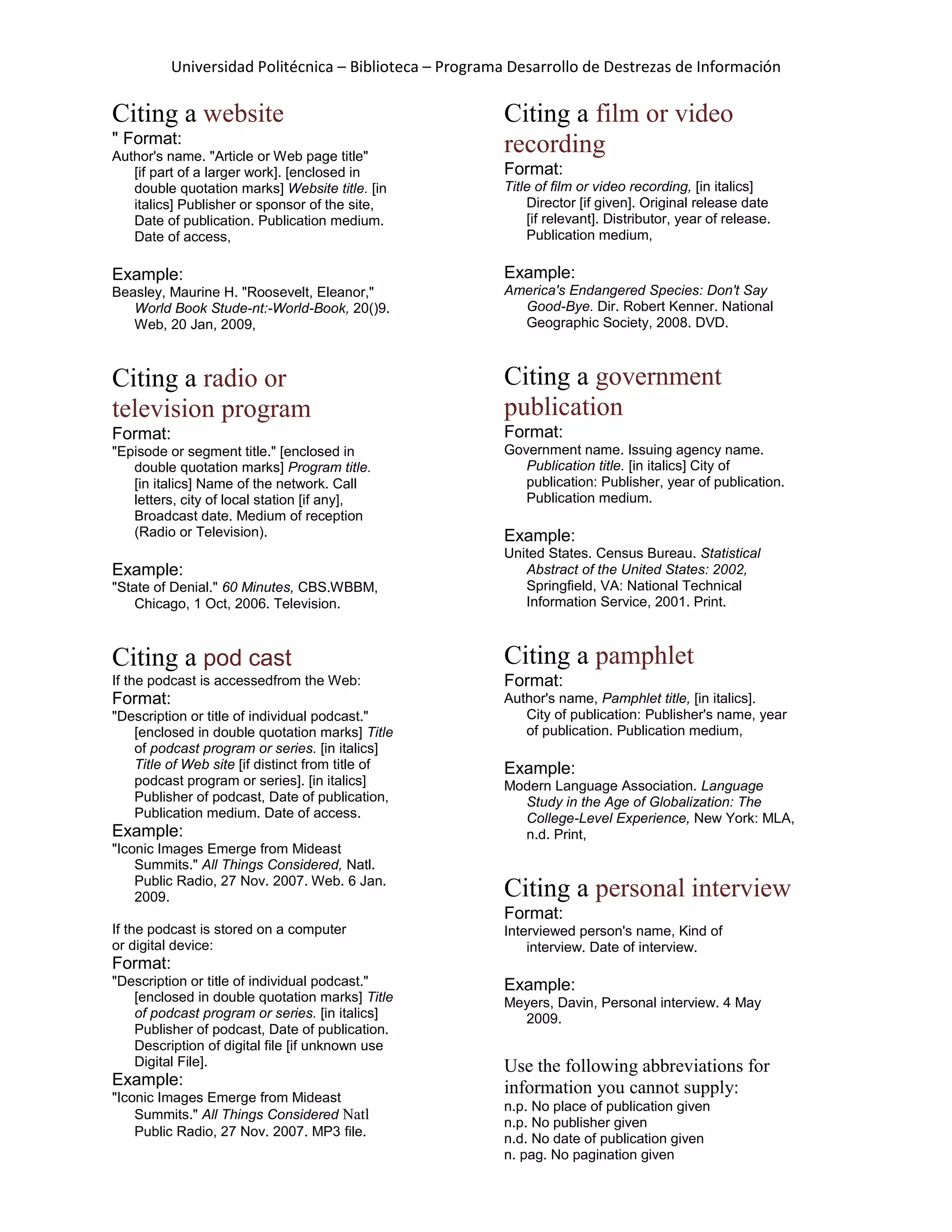 Mla Citing Formats And Examples Pdf