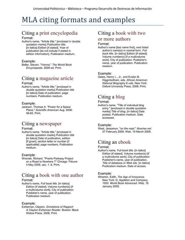 Mla Citing Formats And Examples Pdf