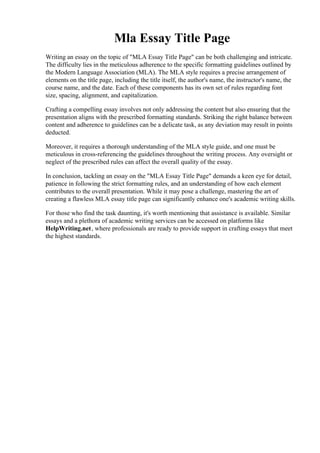 Mla Essay Title Page. Sample Title Page In Mla Format The Document ...